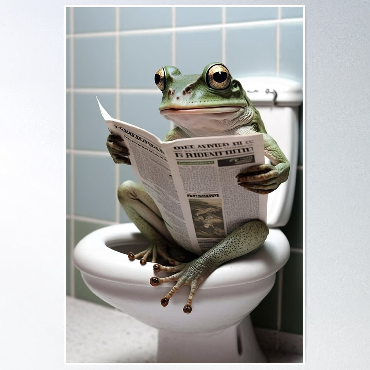 Frog Sitting On The Toilet Reading A Newspaper Poster Wall Art, Modern ...