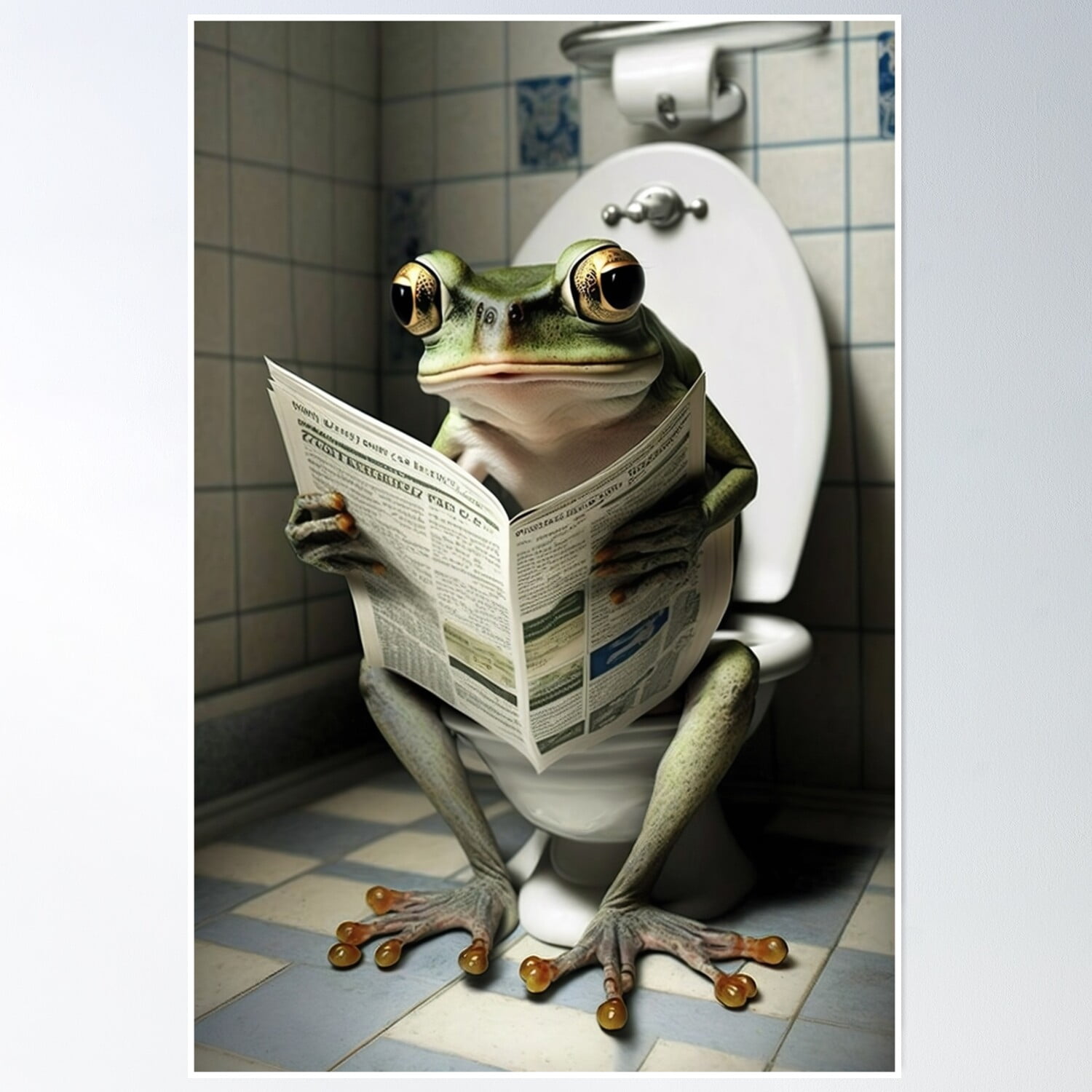 Frog Sitting On The Toilet Reading A Newspaper Poster Wall Art, Modern ...