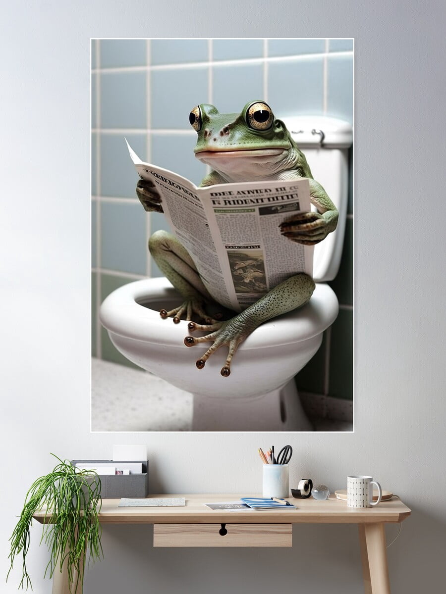 Frog Sitting On The Toilet Reading A Newspaper Poster Wall Art, Modern ...
