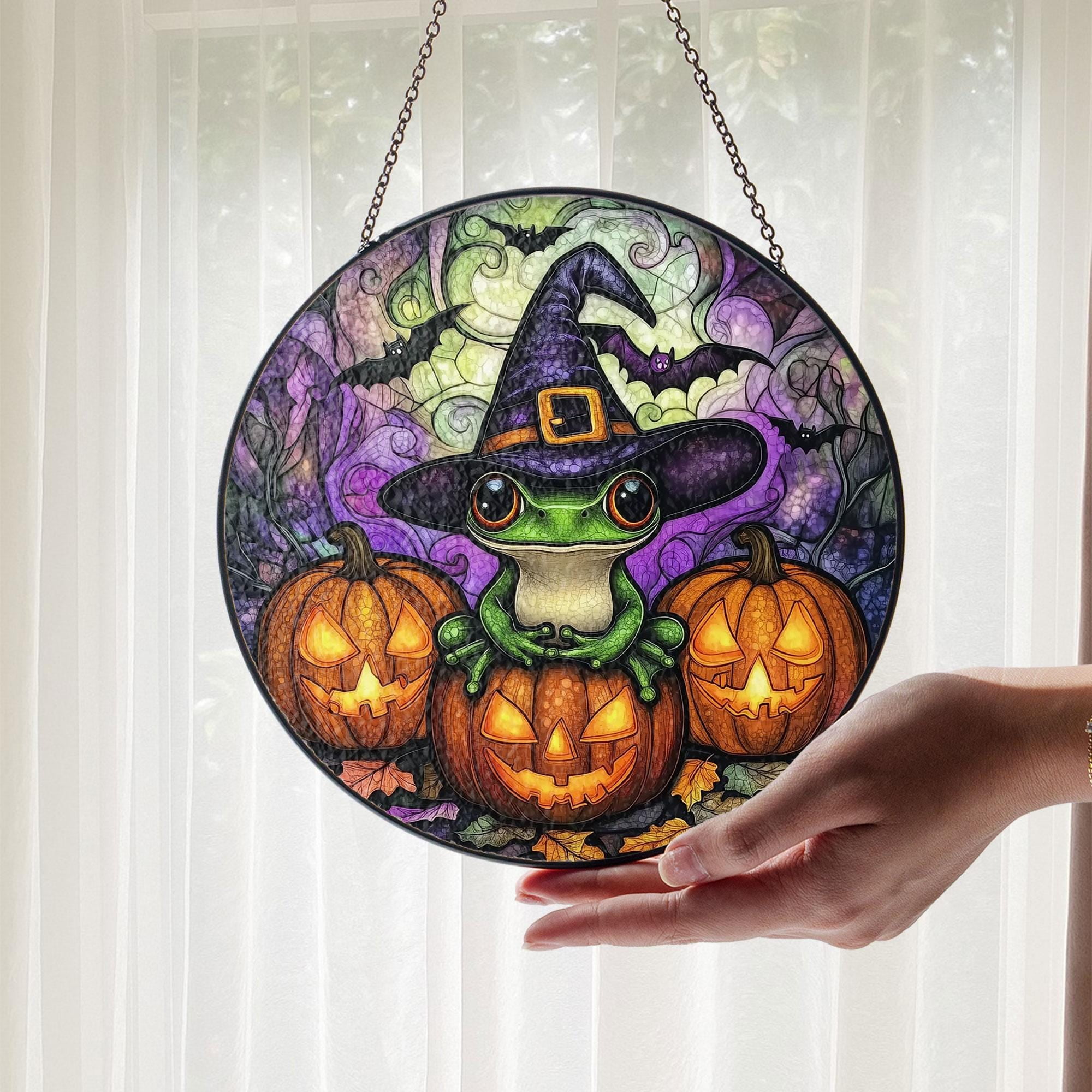 Frog Stained Glass Suncatcher, Pumpkin Cluster Scene, Halloween Witch Decor, Spooky Cute Style ...