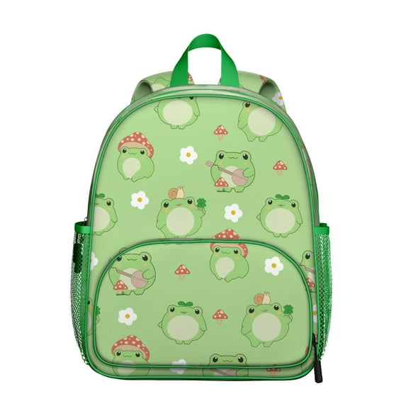 Frog Student Backpack – Cute Green Frog Cartoon Print With Mushroom ...