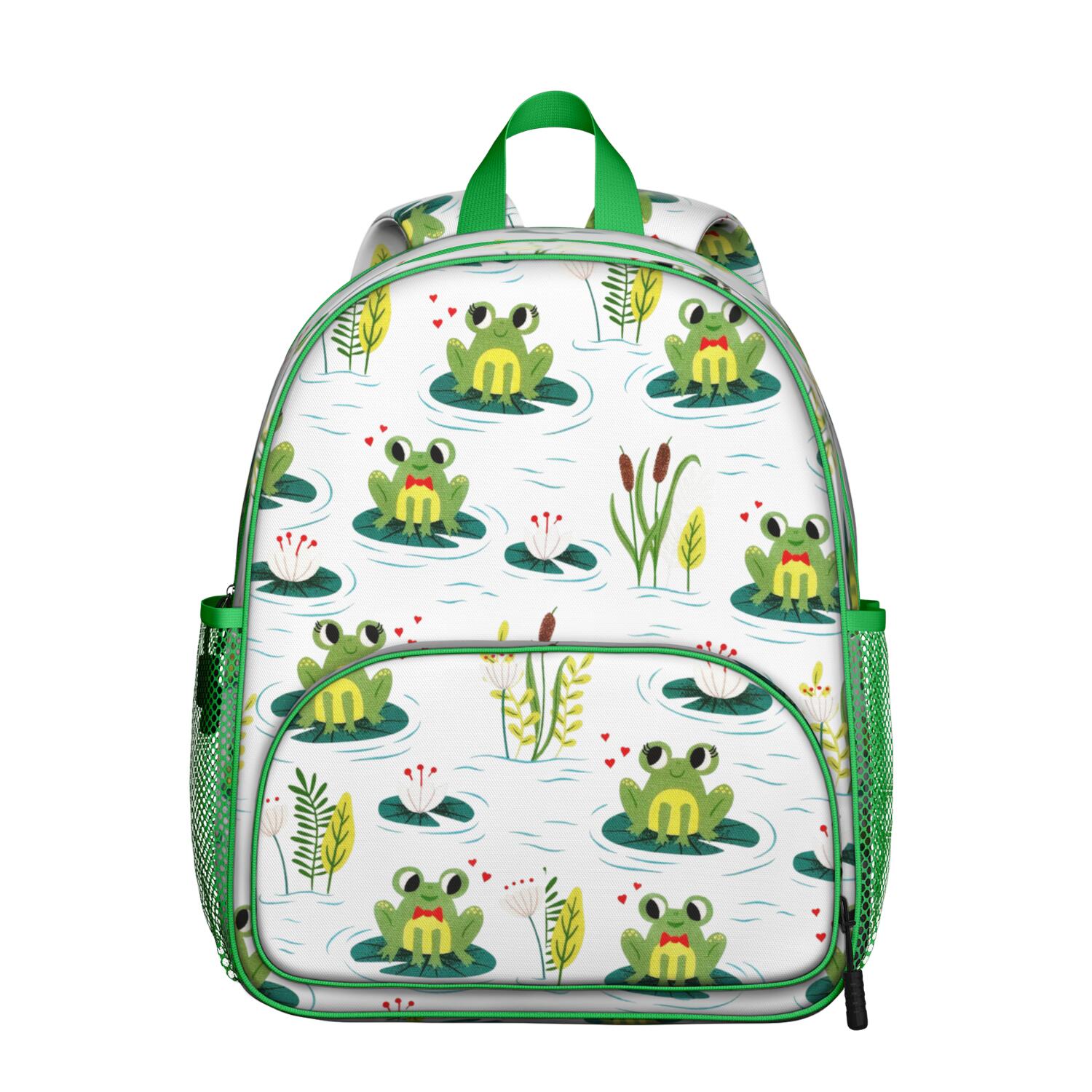 Frog Student Backpack – Cute Green Frog Cartoon Print With Mushroom ...