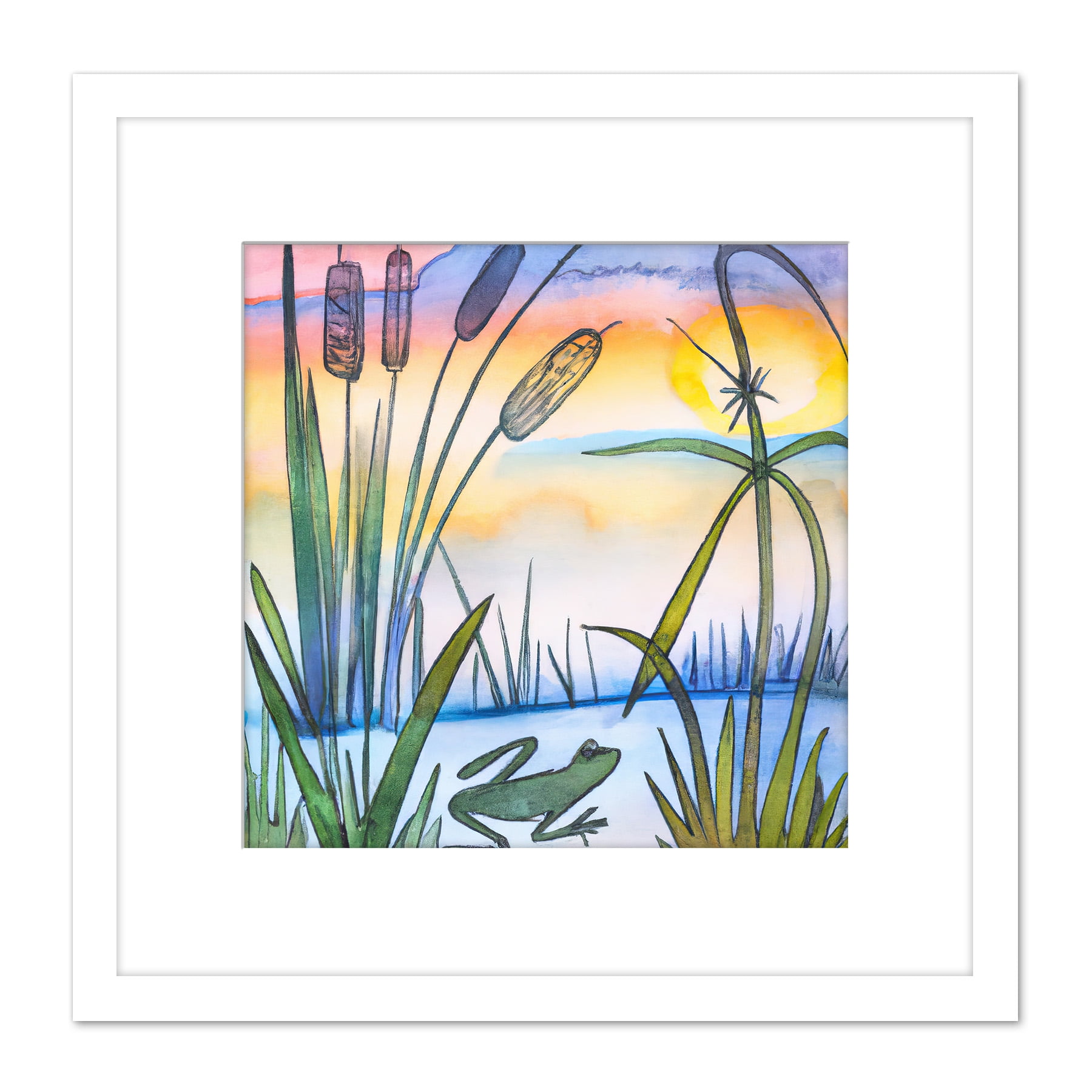 Frog and Bulrushes Pond Wildlife at Sunrise Sunset Oil Painting Square ...