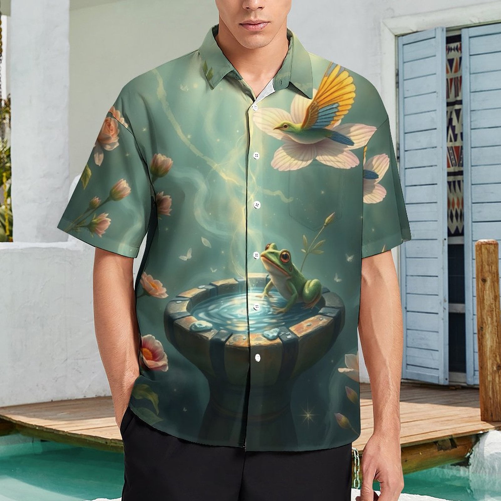 Frog in The Pond Male Retro Print Casual Shirts Hawaiian Short-Sleeve ...