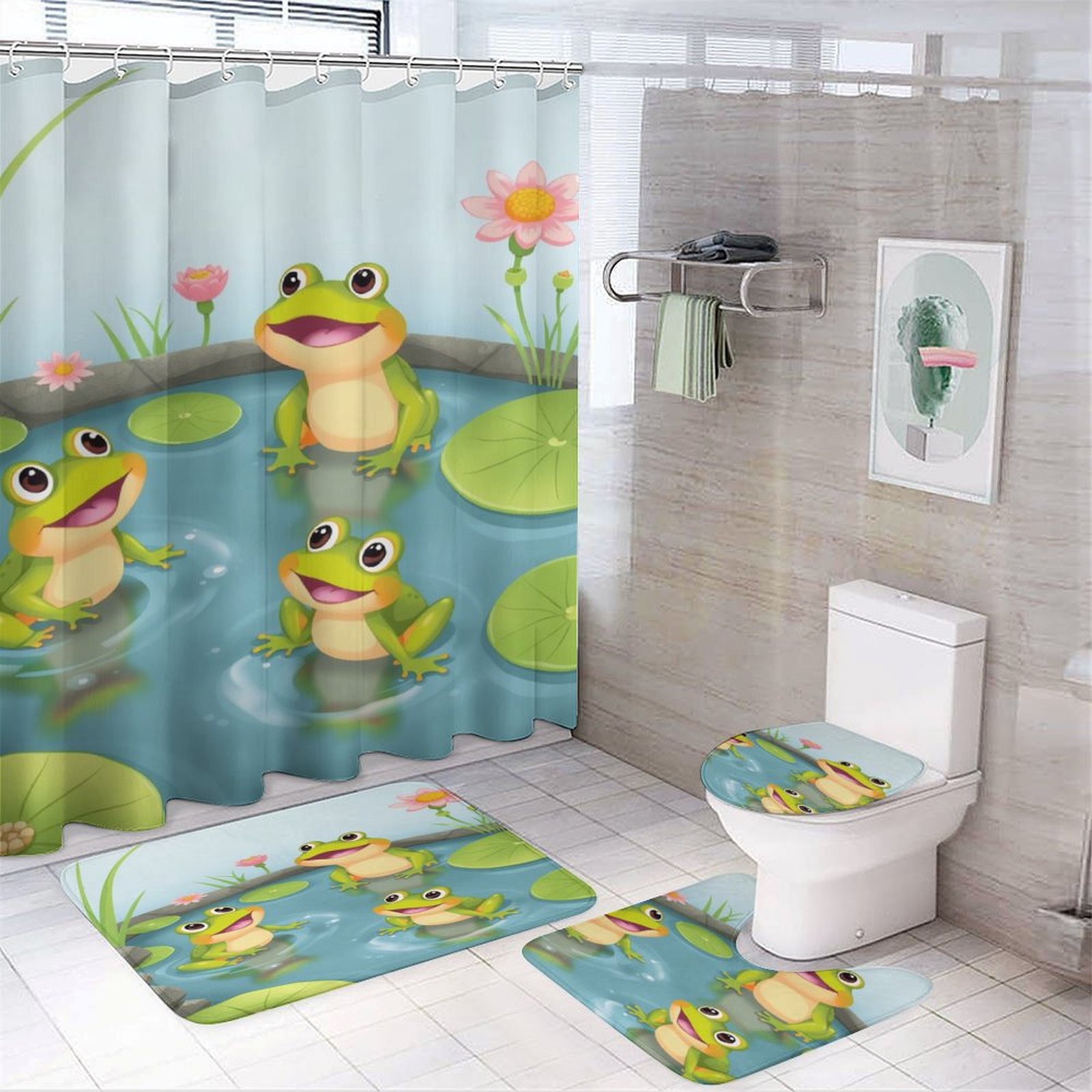 Frog in The Pond Shower Curtain Modern Bath Decor Set Toilet Covers ...