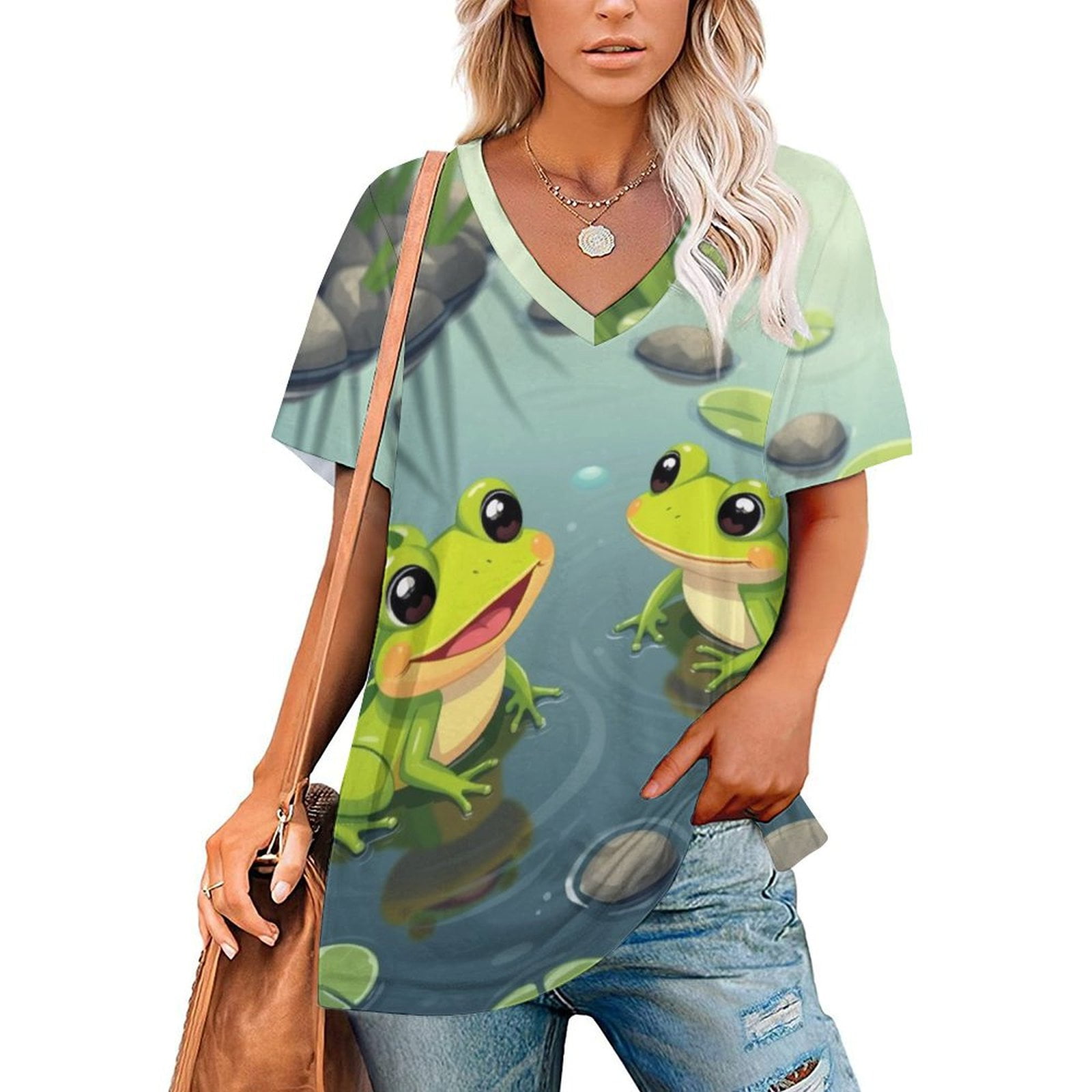 Frog in The Pond V Neck Fashion Oversize T-Shirt Short Sleeve Aesthetic Tee Shirt Tops - Walmart.com