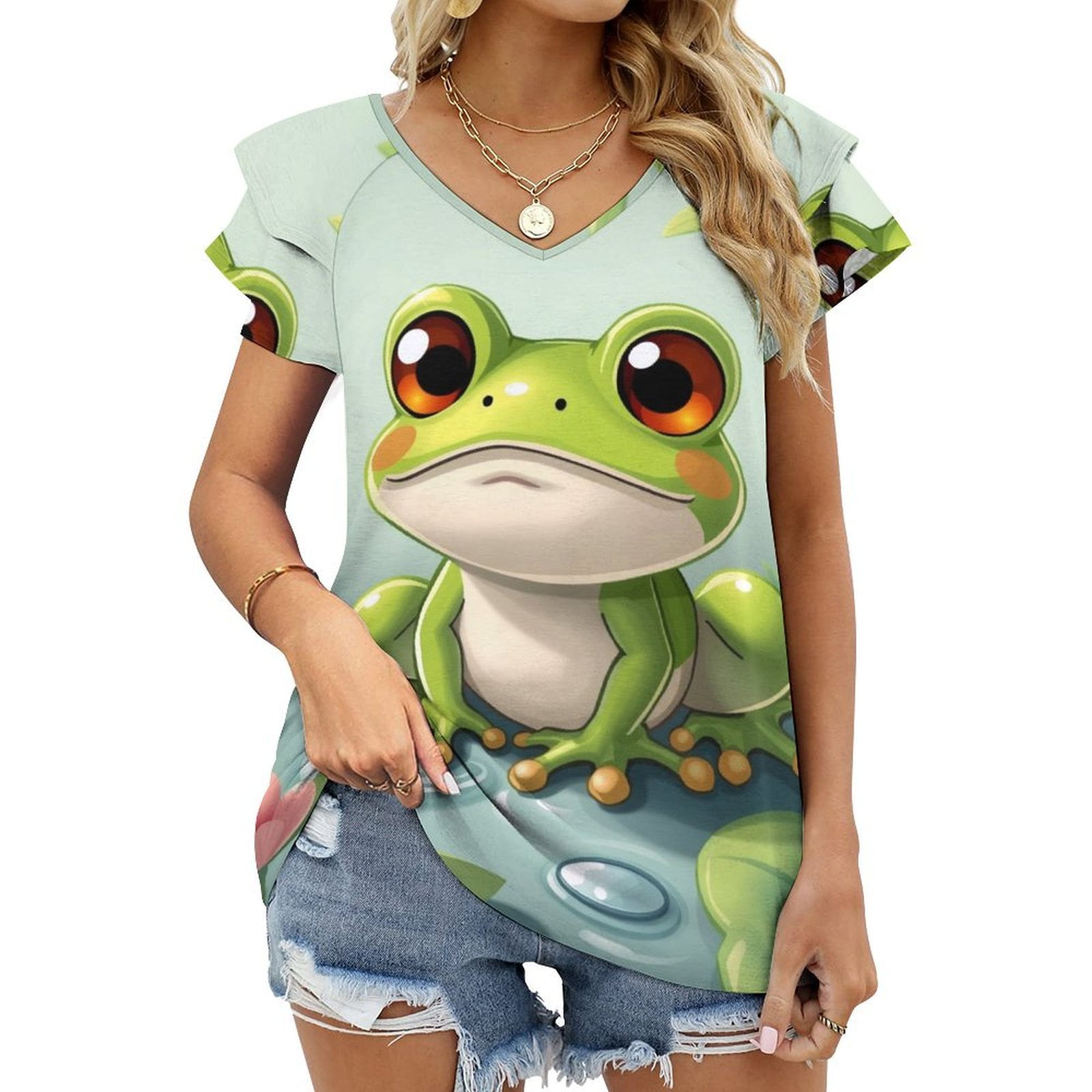 Frog in The Pond Women Lotus Leaf Neck Short Sleeve Top Female Summer ...