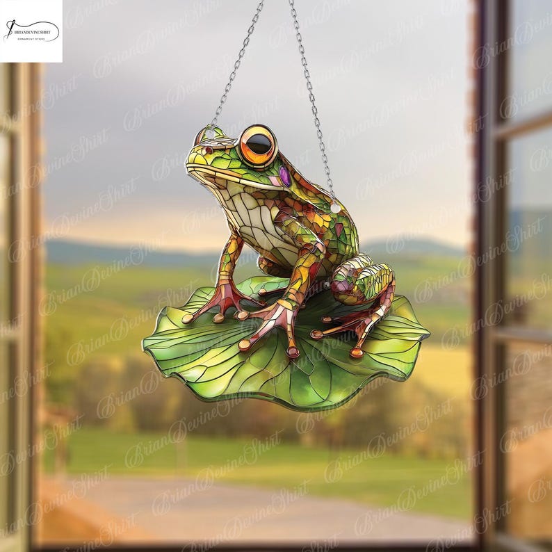 Frog on Lily Pad Acrylic Window Hanging, Nature Sun Catcher, Vibrant ...