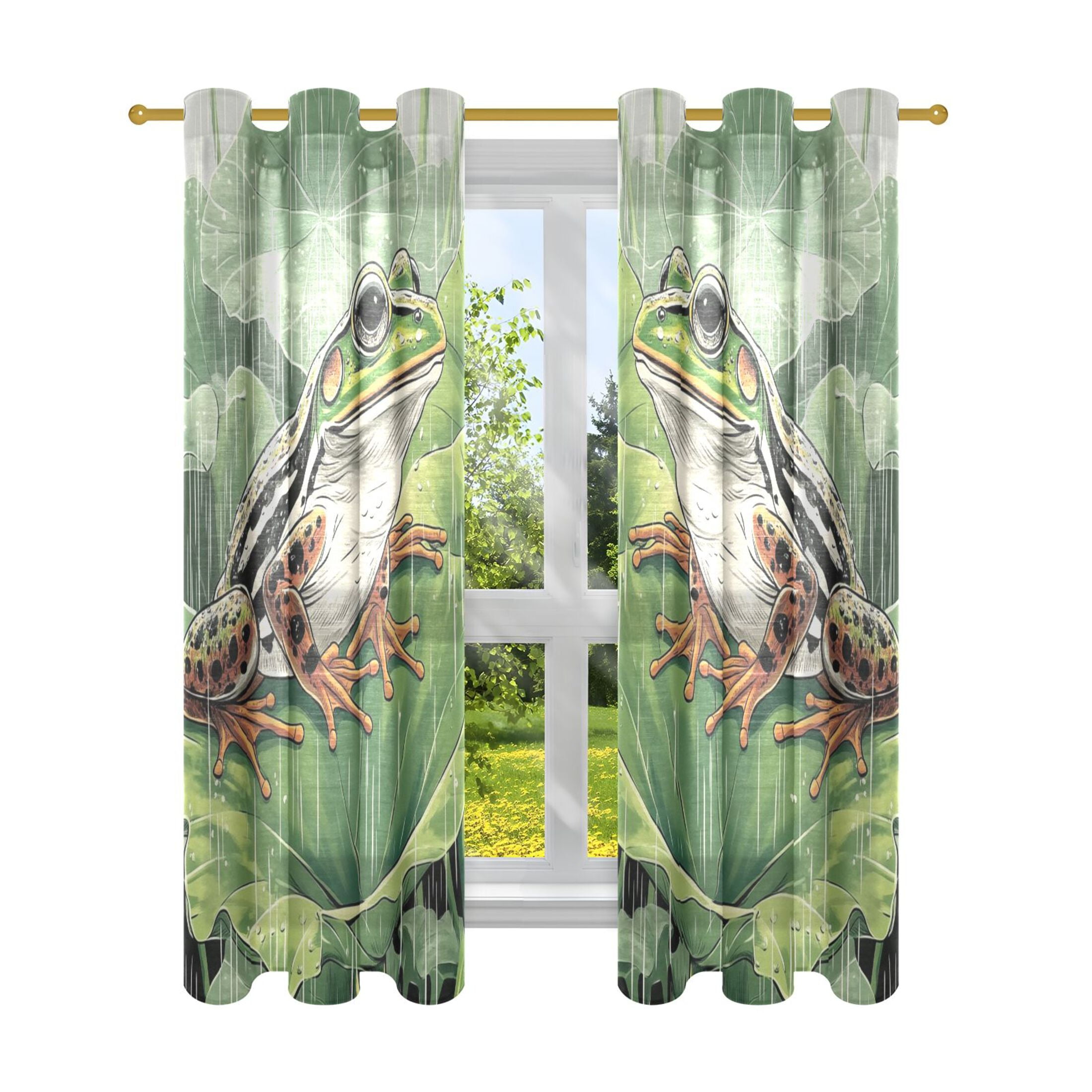Frog on Lily Pad Semi Sheer Curtains for Living Room Bedroom Set of 2 ...