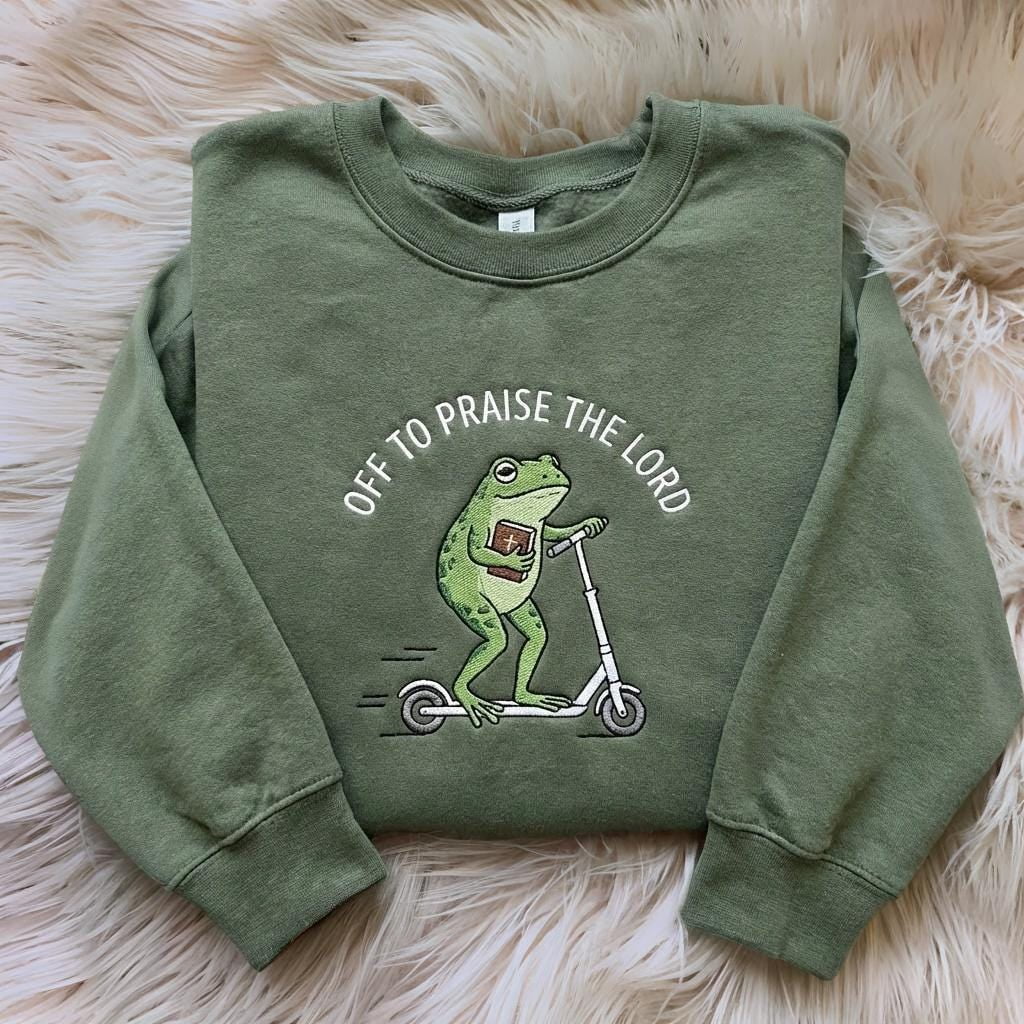 Frog on Scooter Embroidery, Cute Religious Gift for Her, Funny Faith ...