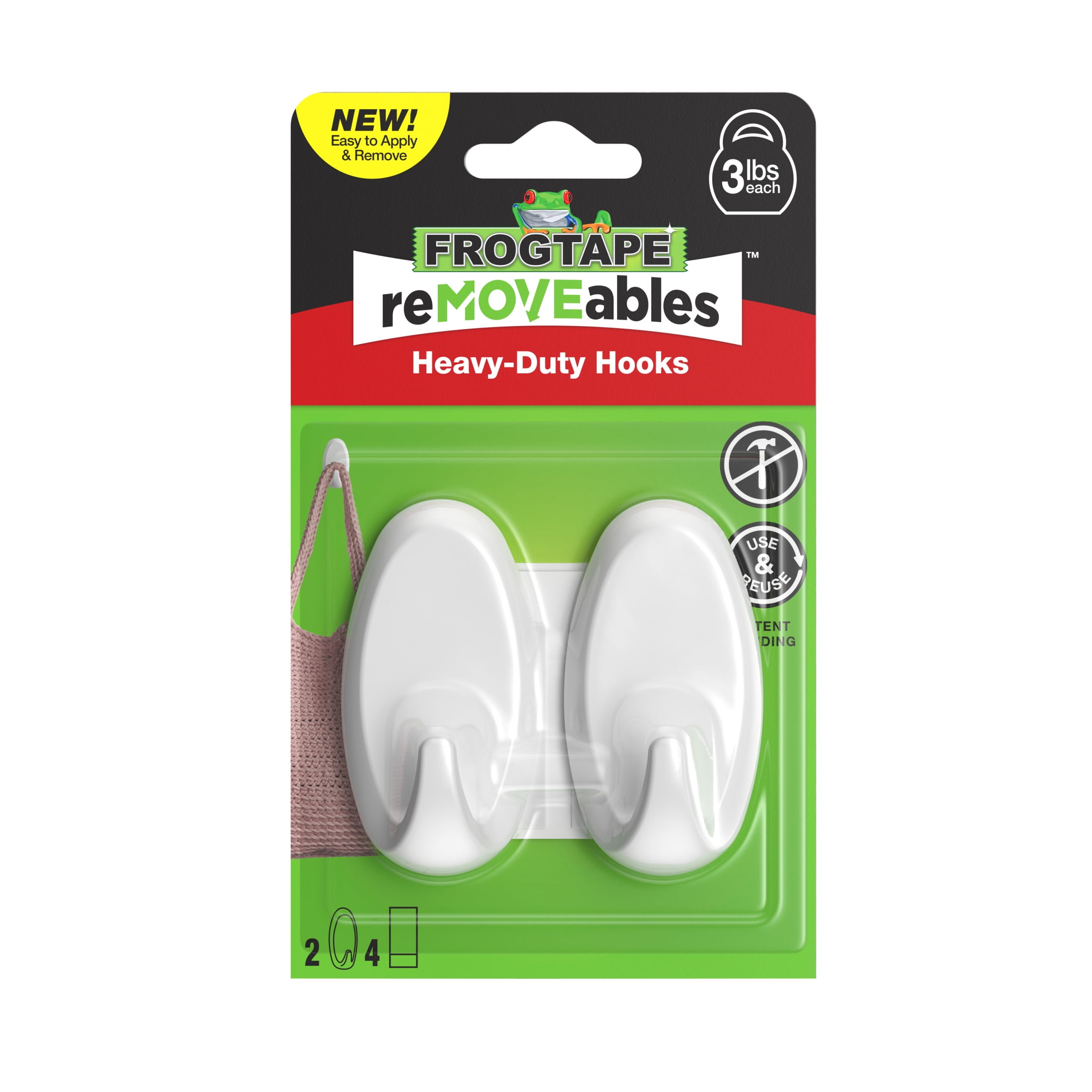 FrogTape reMOVEables Medium White Heavy Duty Hooks, 2 Hooks and 4 ...