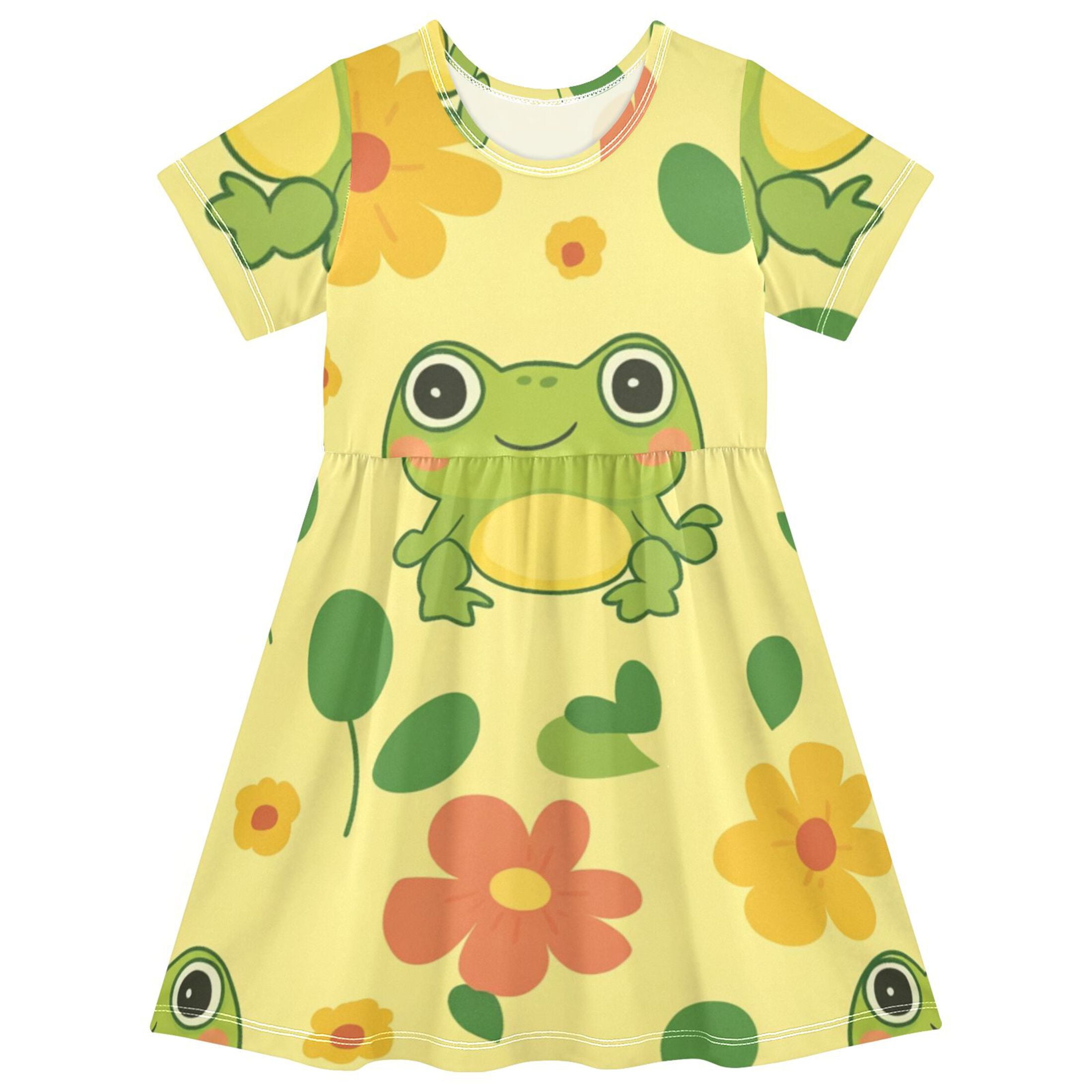 Frogs Florals Leaves Girls' Short Sleeve Dress A-Line One-Piece Dress ...