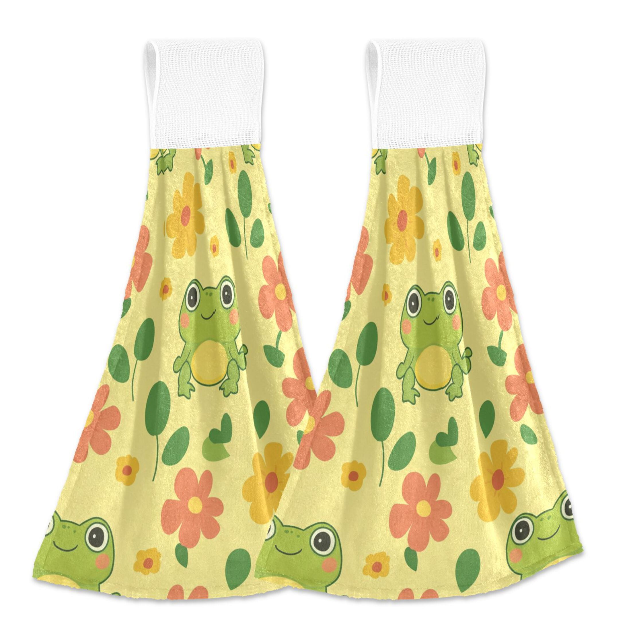 Frogs Florals Leaves Hanging Towels with Loop Hand Towels Nylon Fastener Tape Design Dish Cloths ...
