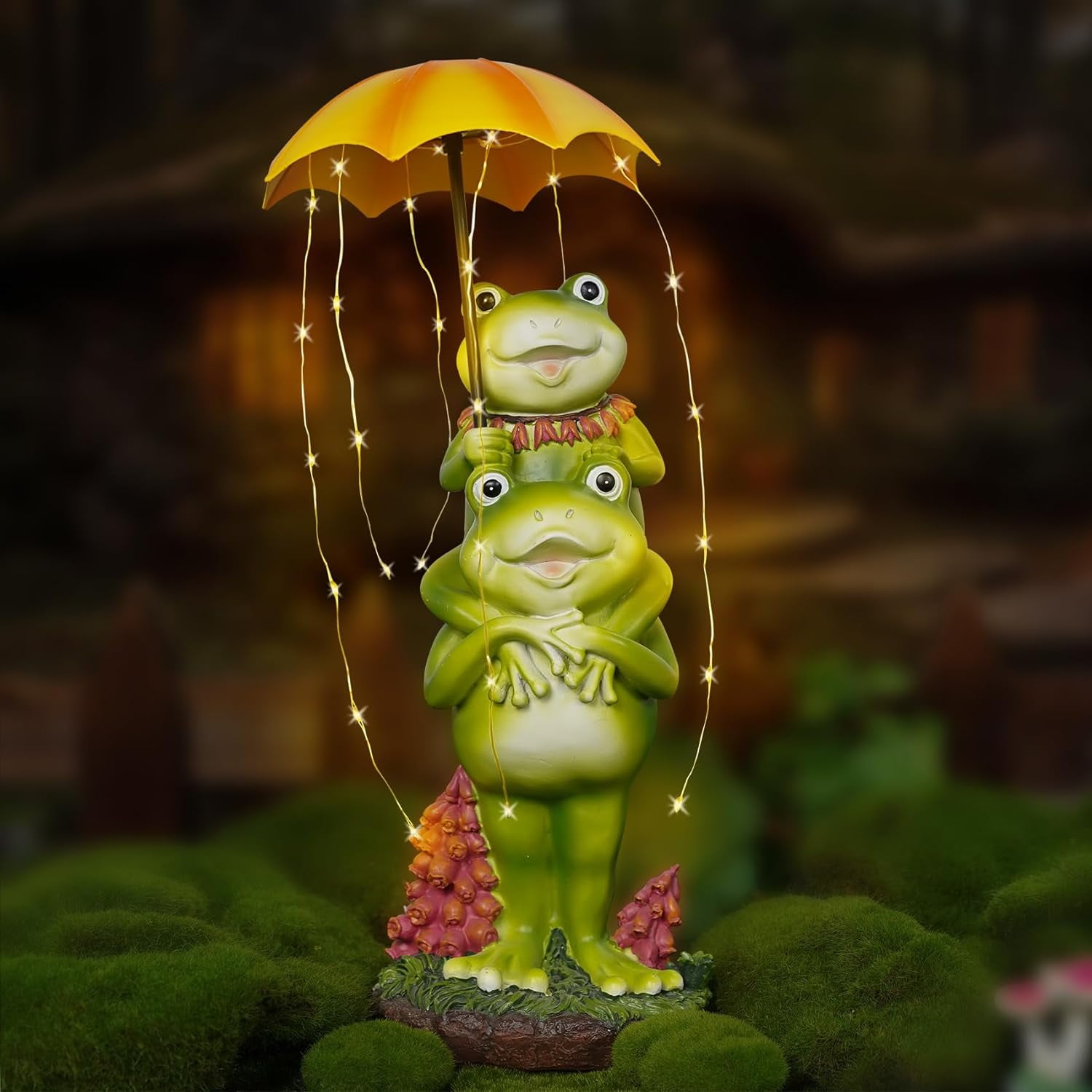 Frogs Outdoor Decor Solar Garden Statue with Umbrella String Lights ...
