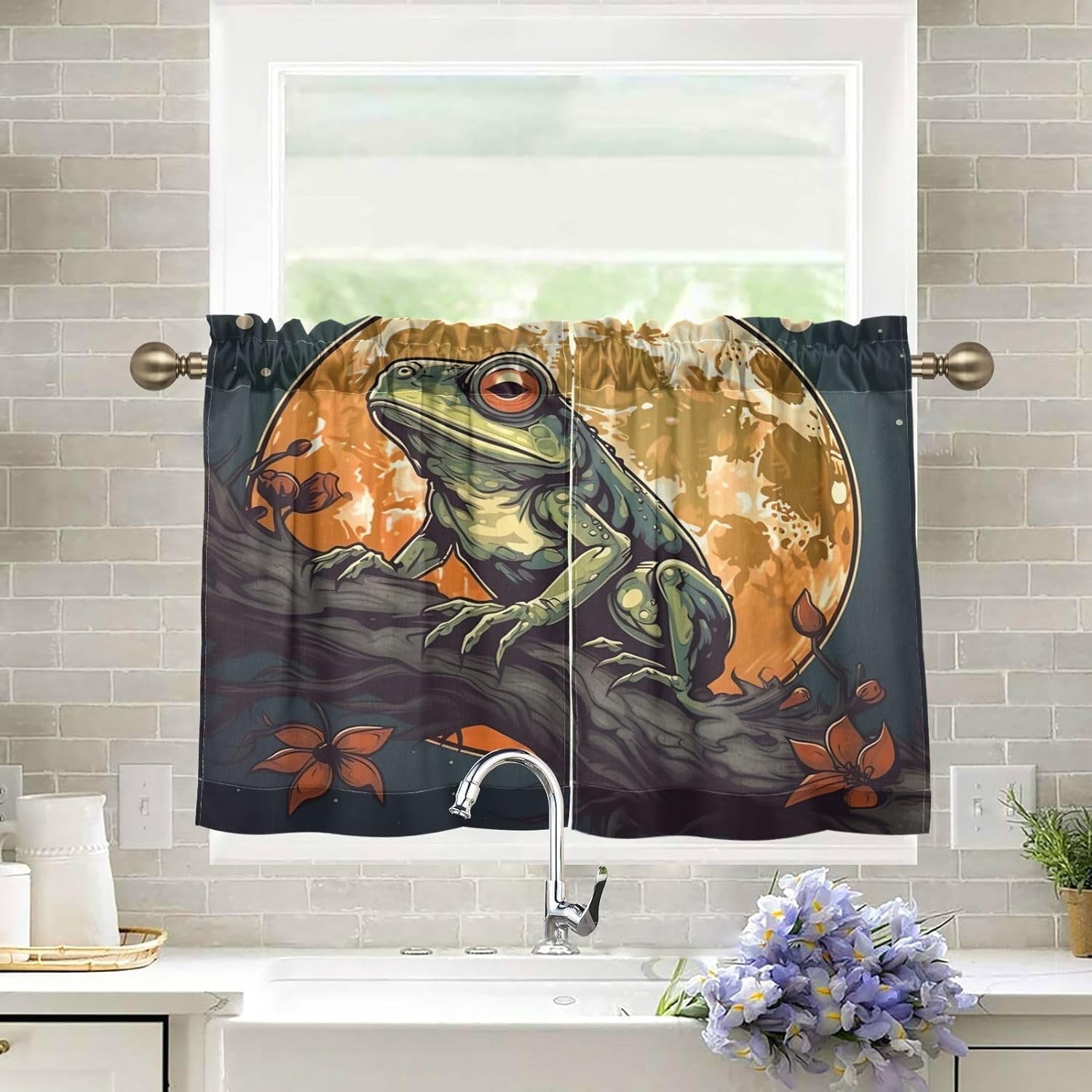 Frogs Under Moonlight Half Window Tier Curtains 36 Inch Blackout ...