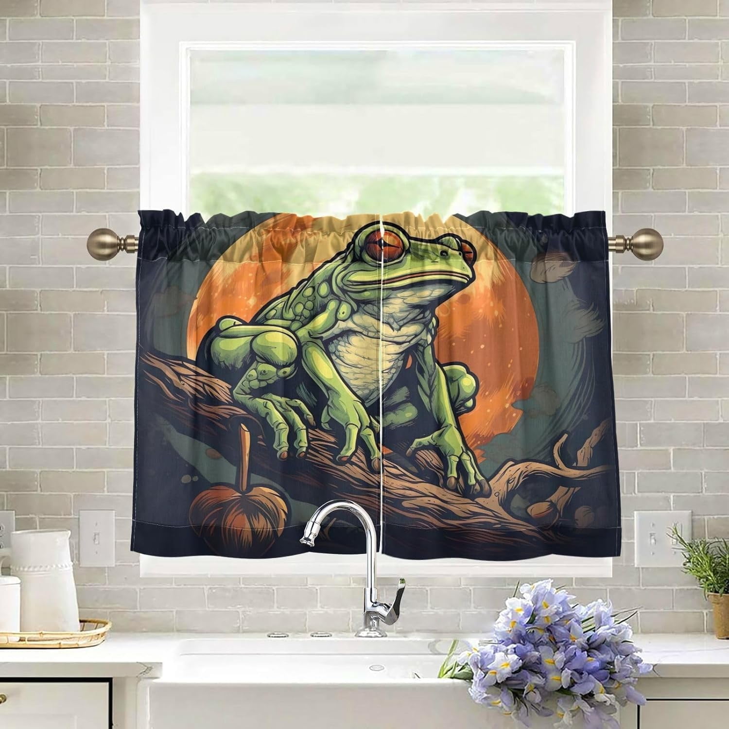 Frogs Under Moonlight Half Window Tier Curtains 36 Inch Blackout ...