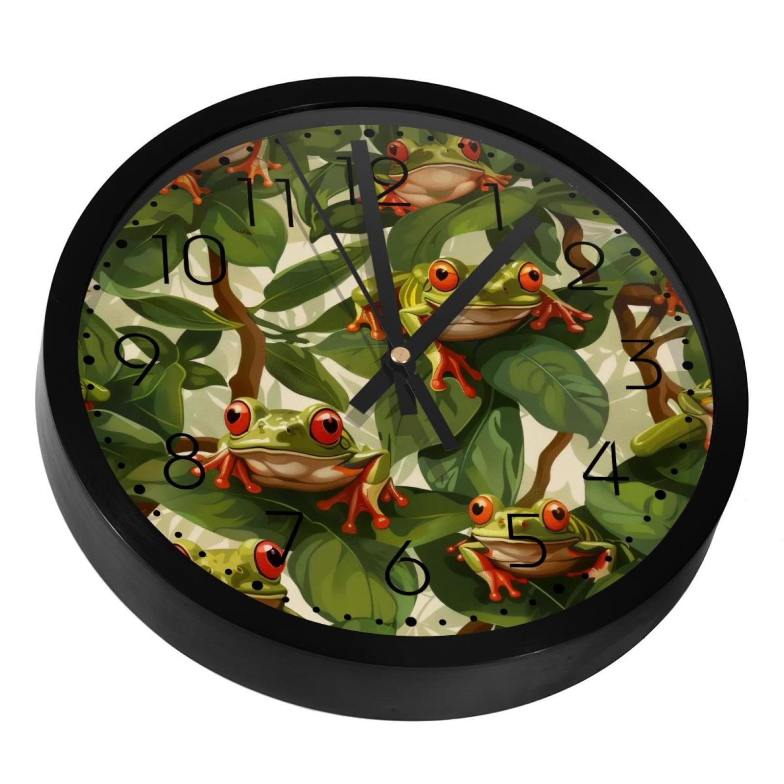 Frogs on Green Leaves Silent Wall Clock, Non Ticking Battery Operated 9 ...