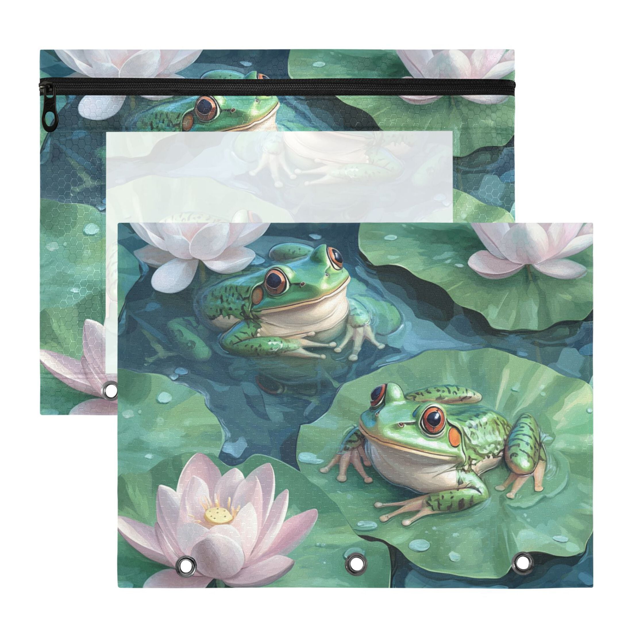 Frogs on Leaves in Pond Flowers 3-Ring Binder Pouches A4 Size Zipper ...