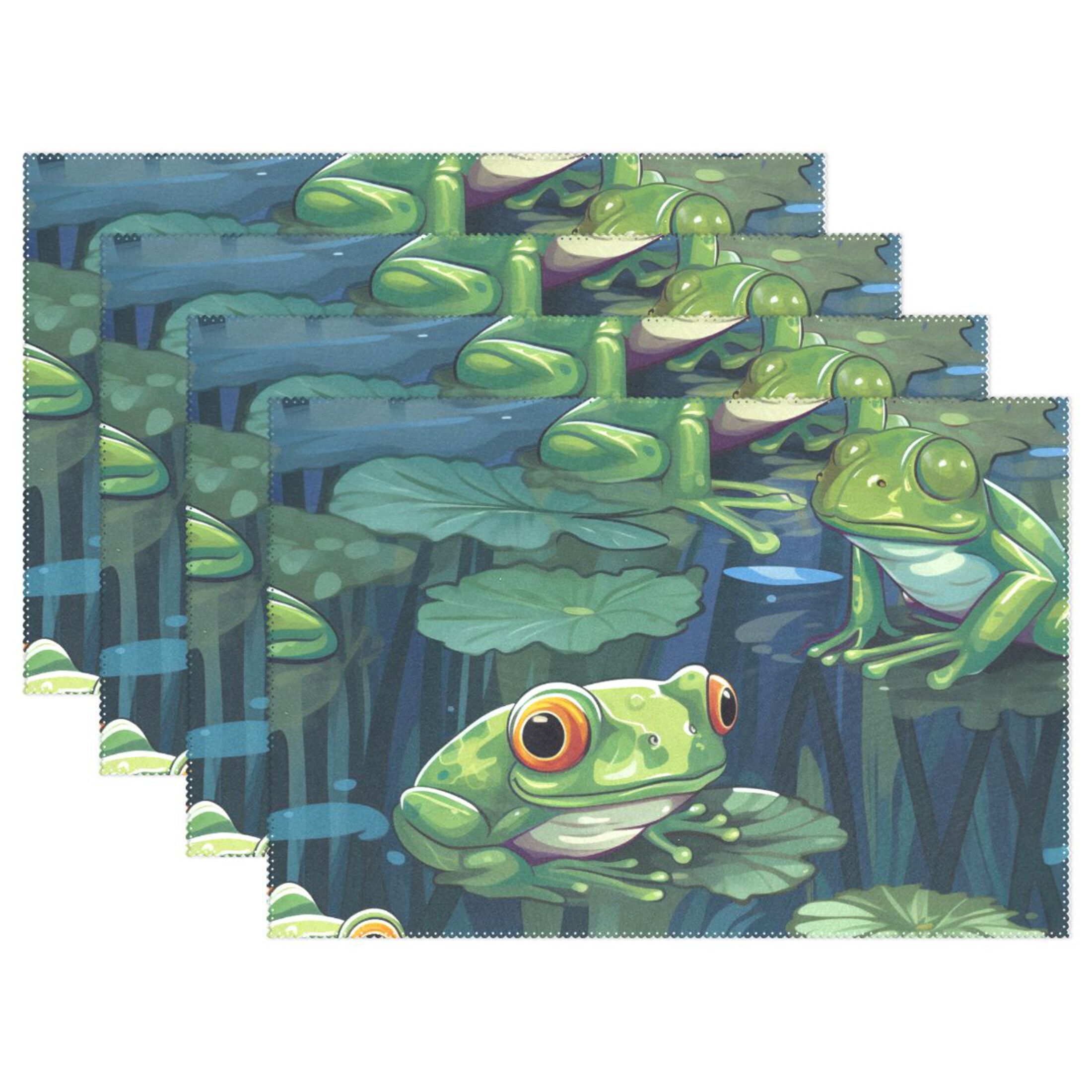 Frogs on Lotus Leaf 4 PCs Placemats Set Linen Non-Slip Table Mat ...