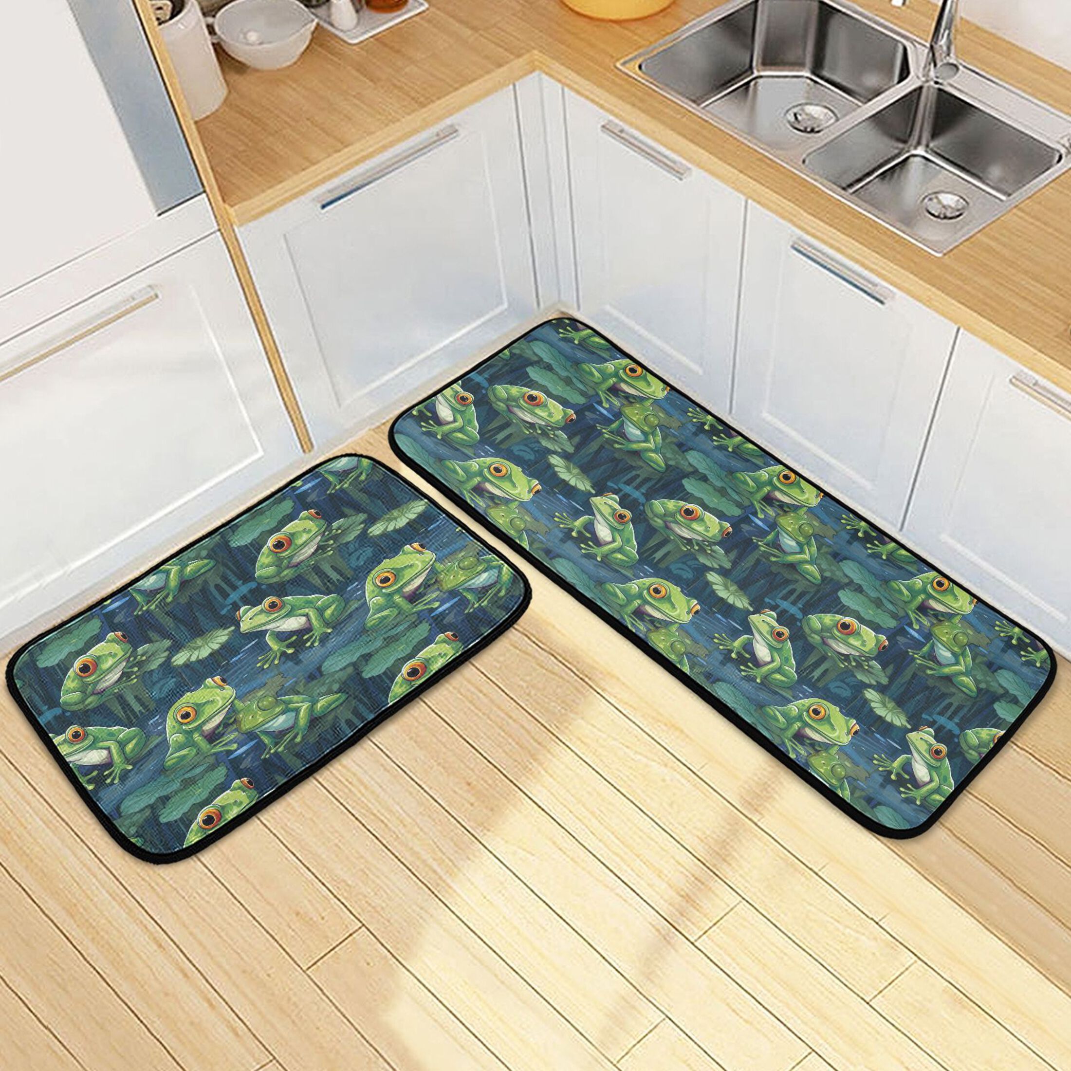 Frogs on Lotus Leaf Kitchen Rugs Set of 2 Non Slip Floor Foam Mat ...