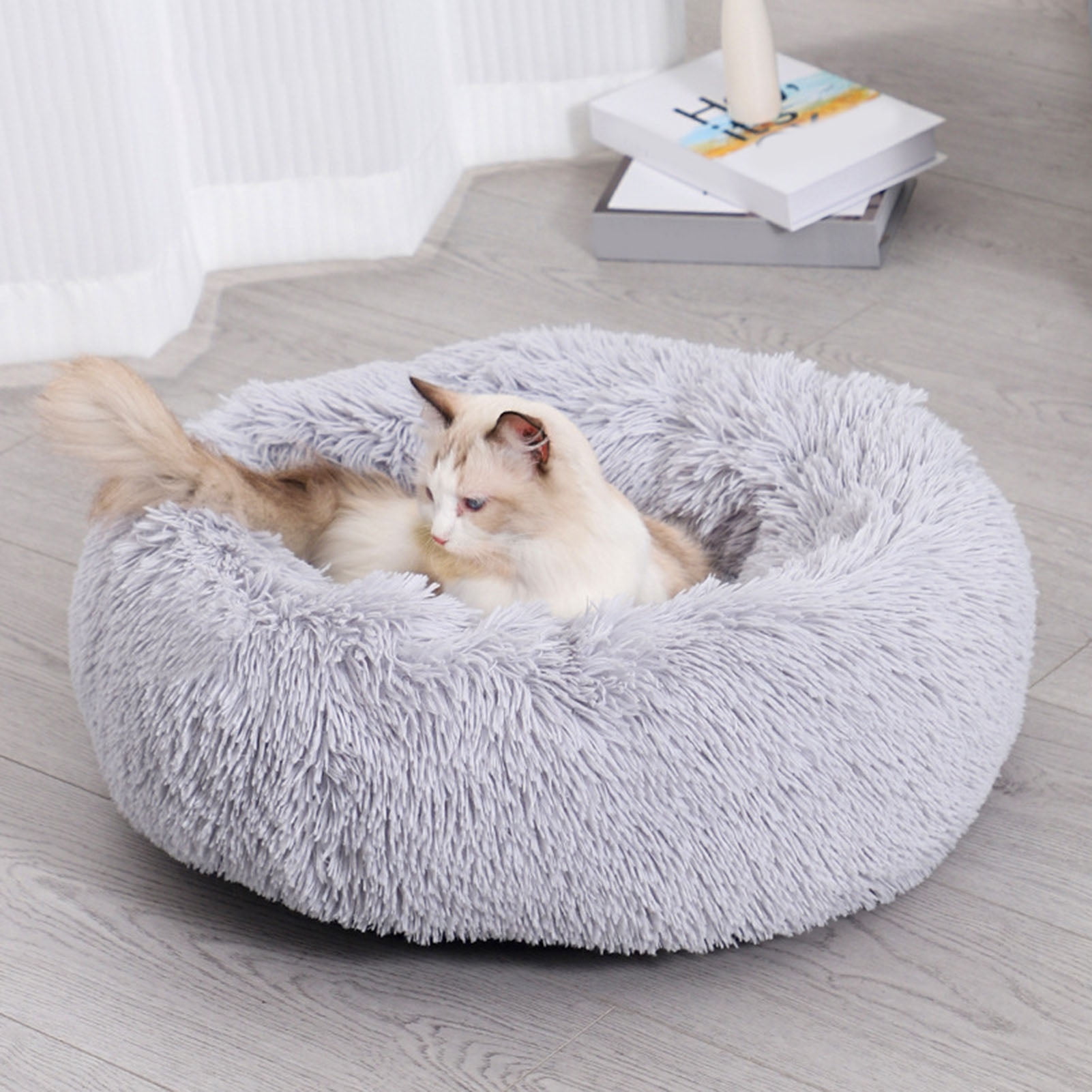 Frogued Calming Dog Bed Anti-Anxiety Donut Round Pet Bed Fluffy Faux ...