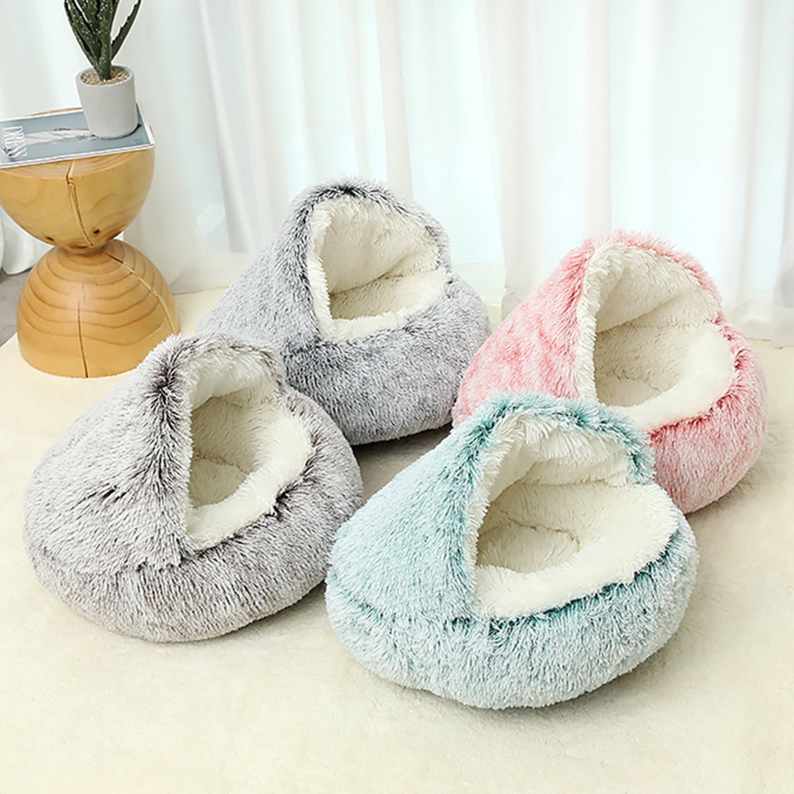 Frogued Cat Bed Round Fluffy Hooded Cat Bed Cave Winter Plush Anti ...