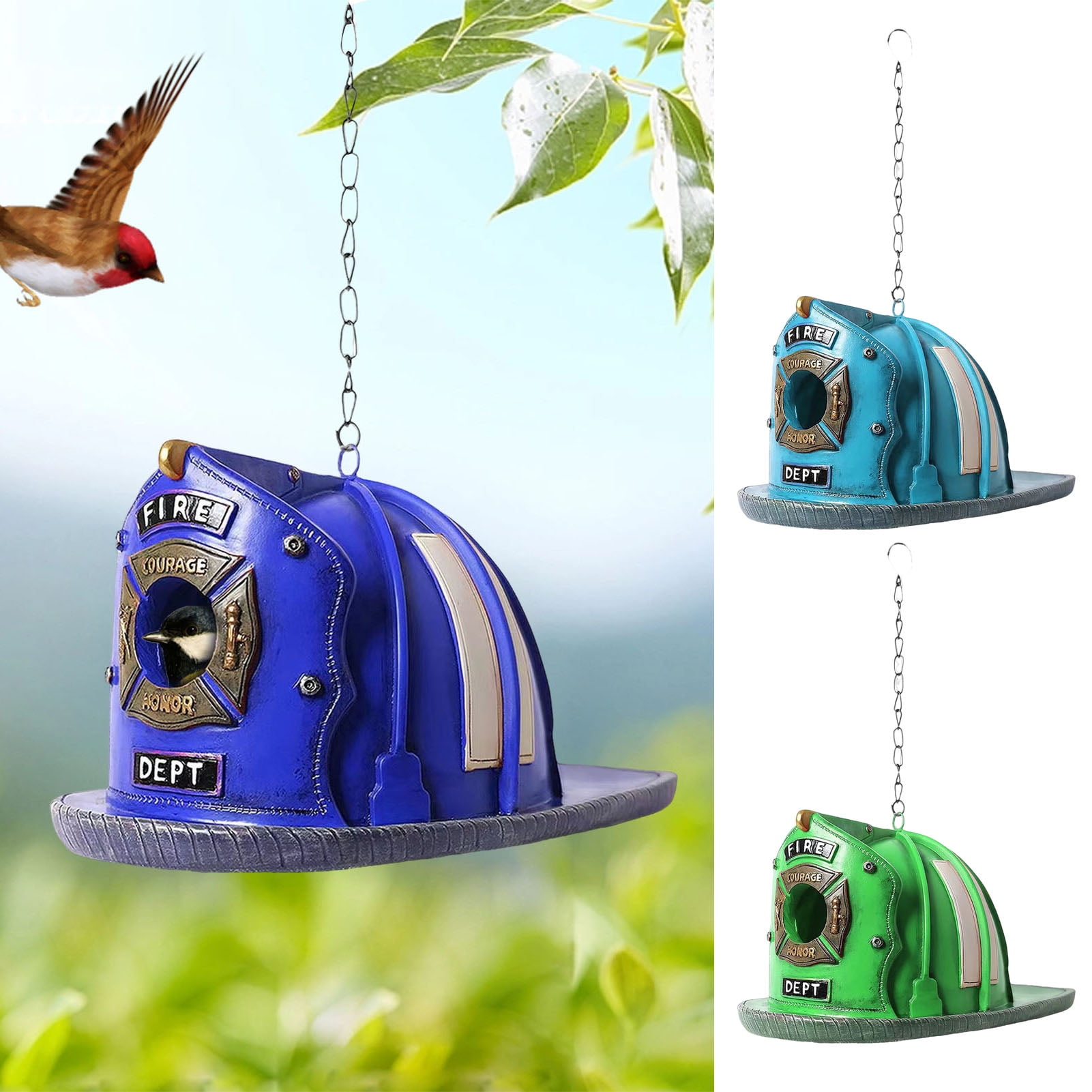 Frogued Hanging Birdhouse Resin Firefighter Helmet Shape Wildbird Nest ...