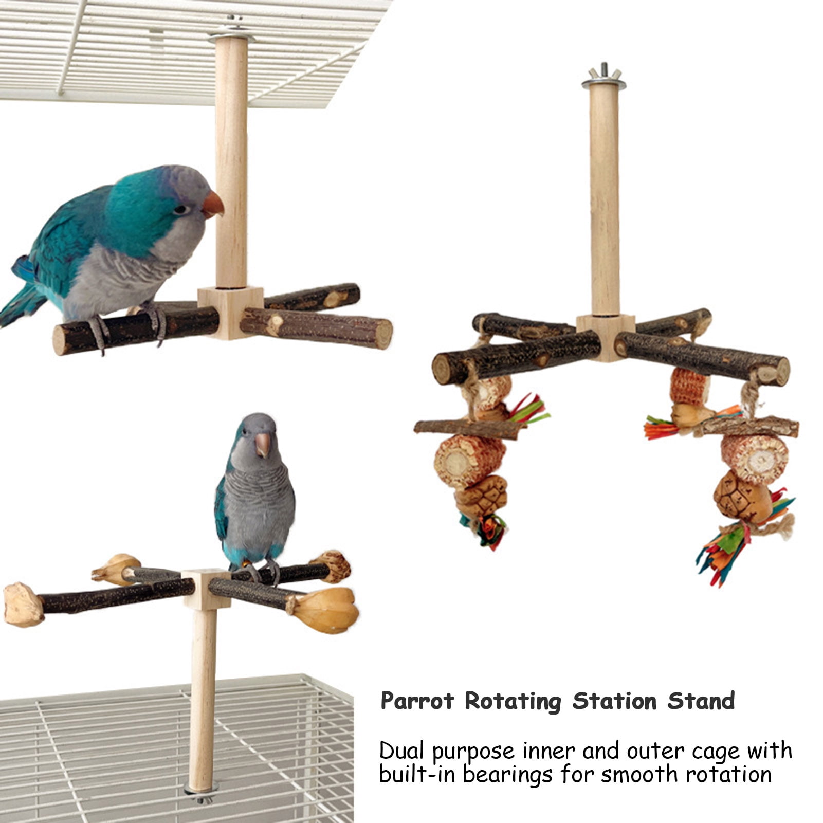 Frogued Rotating Parrot Perch Toy with Chew Toy Natural Wooden Perch ...