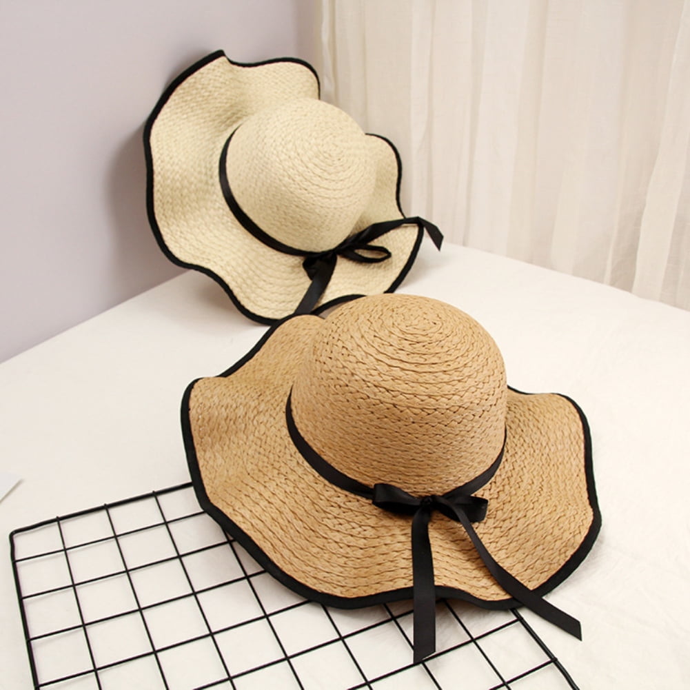 Frogued Sunscreen Braided Foldable Straw Hat Bowknot Decor Wave Wide