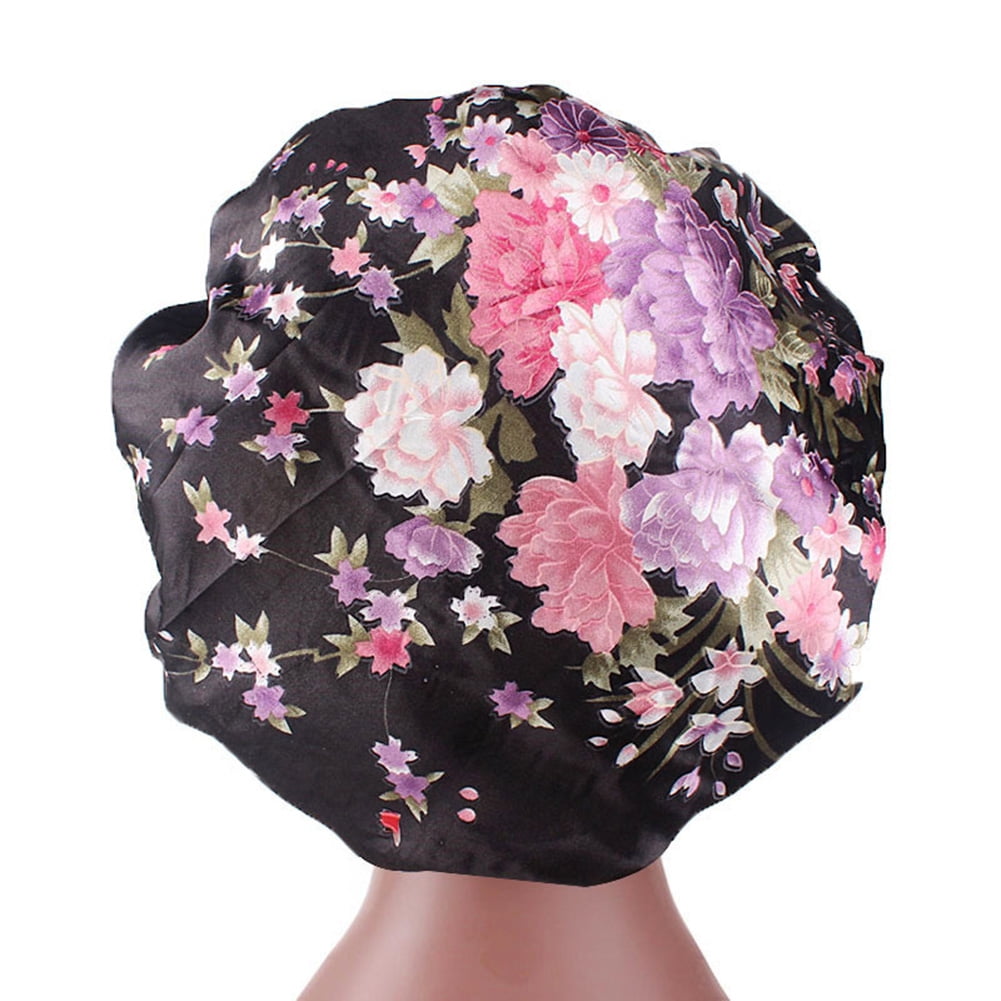 Frogued Women Fashionable Floral Print Satin Wide Edges Sleep Caps Hair ...