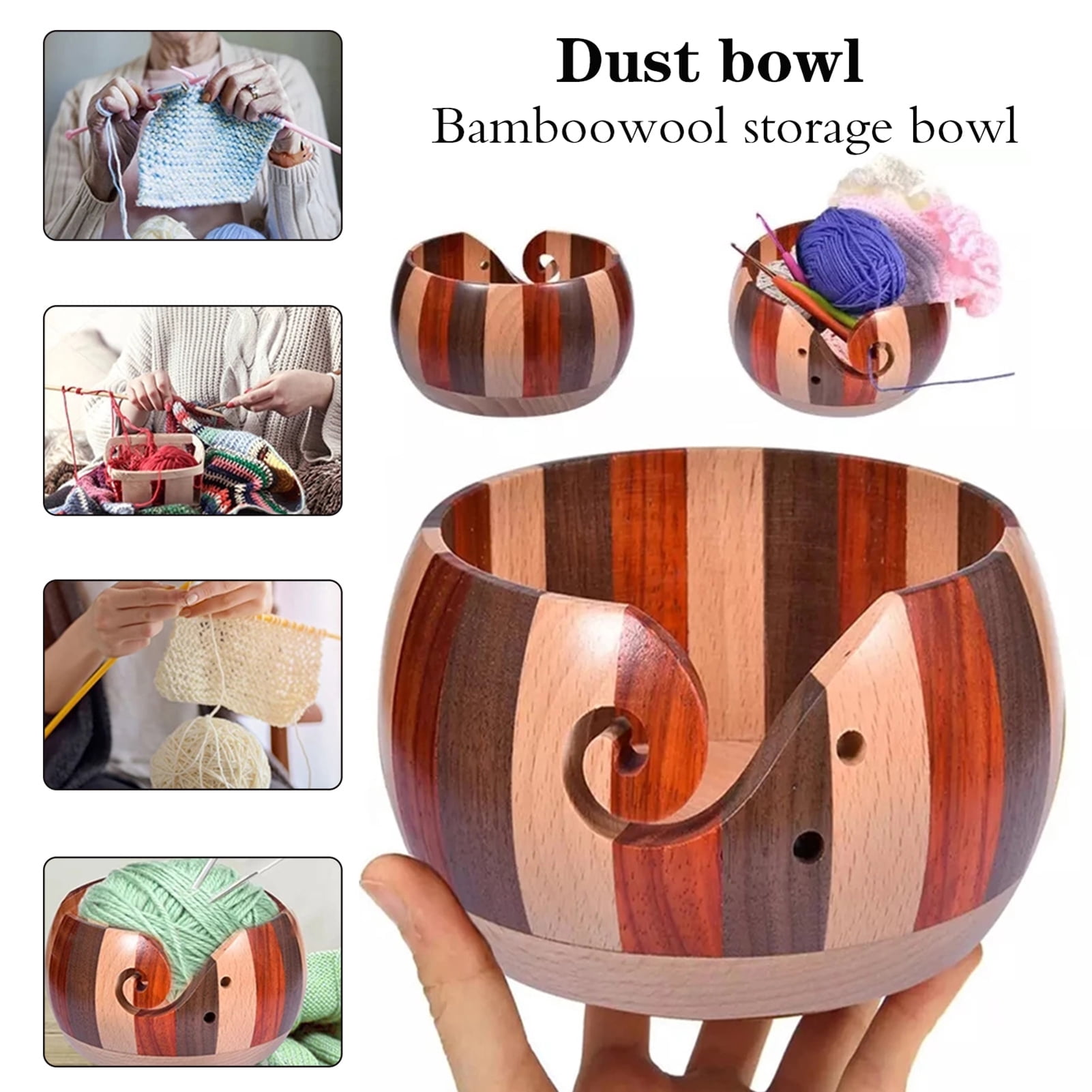 Frogued Yarn Bowl with Holes Non-Slip Wood Craft Project Yarn Storage ...
