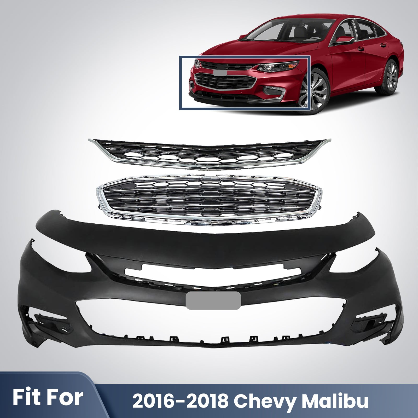 Front Bumper Cover Kit For 2016 2017 2018 Chevrolet Malibu Grille Grill ...