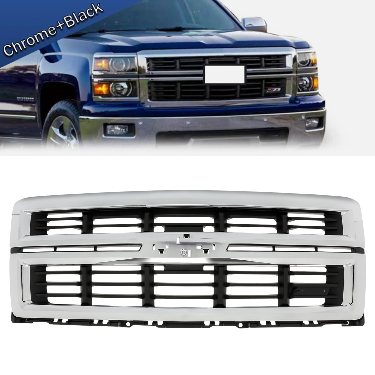 Front Bumper Grille Chrome Black Fits For 2014-2015 Chevrolet Silverado ...