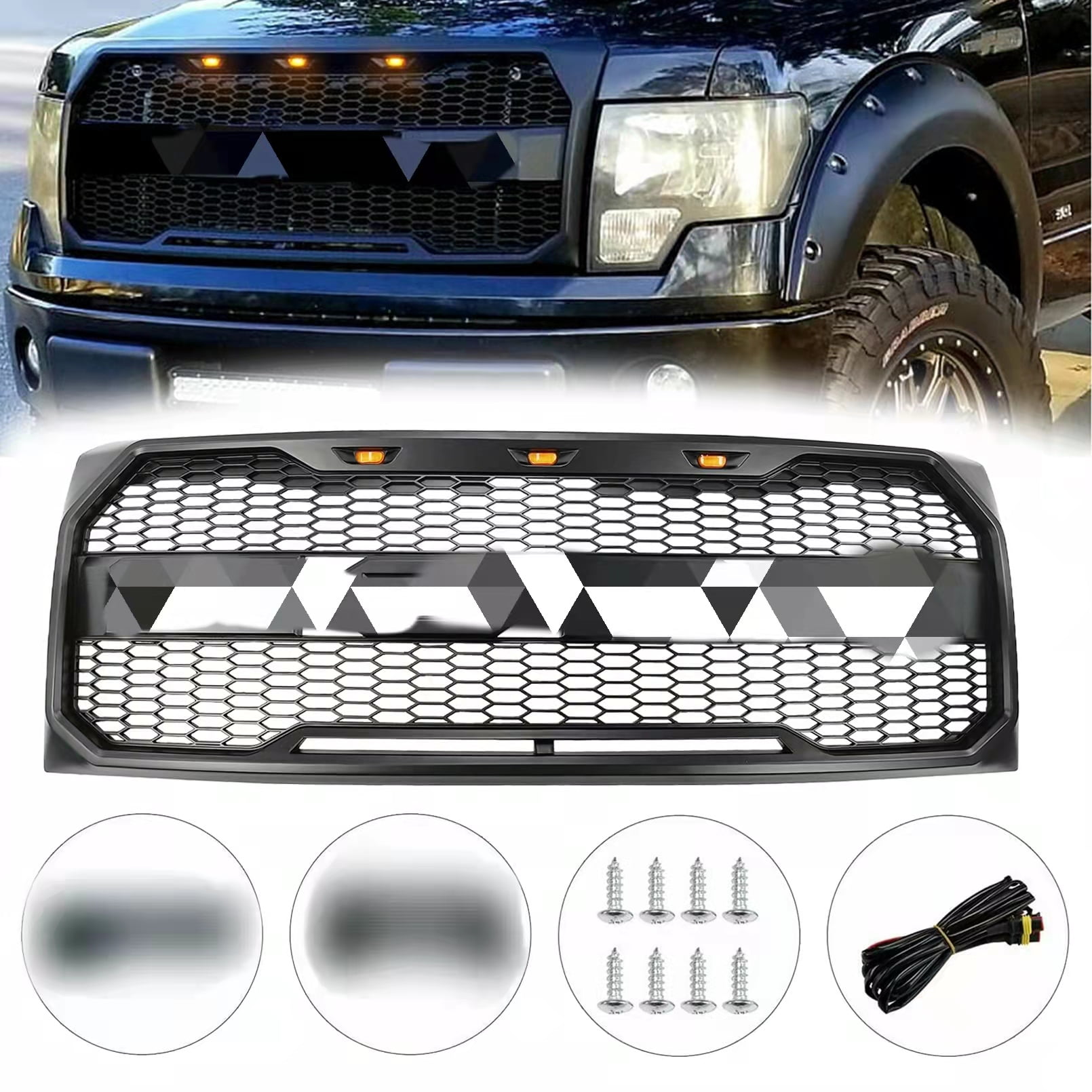 AP-AUTO Ford F150 Matte Black ABS Raptor Style Grille with Amber Lights ...