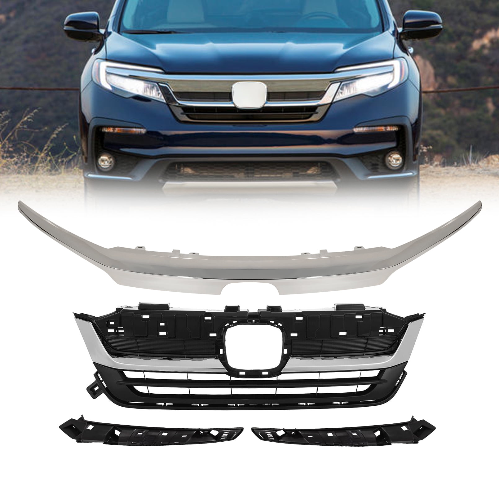 Front Bumper Grille w/ Chrome Molding Trim For 2019-2021 Honda Pilot ...