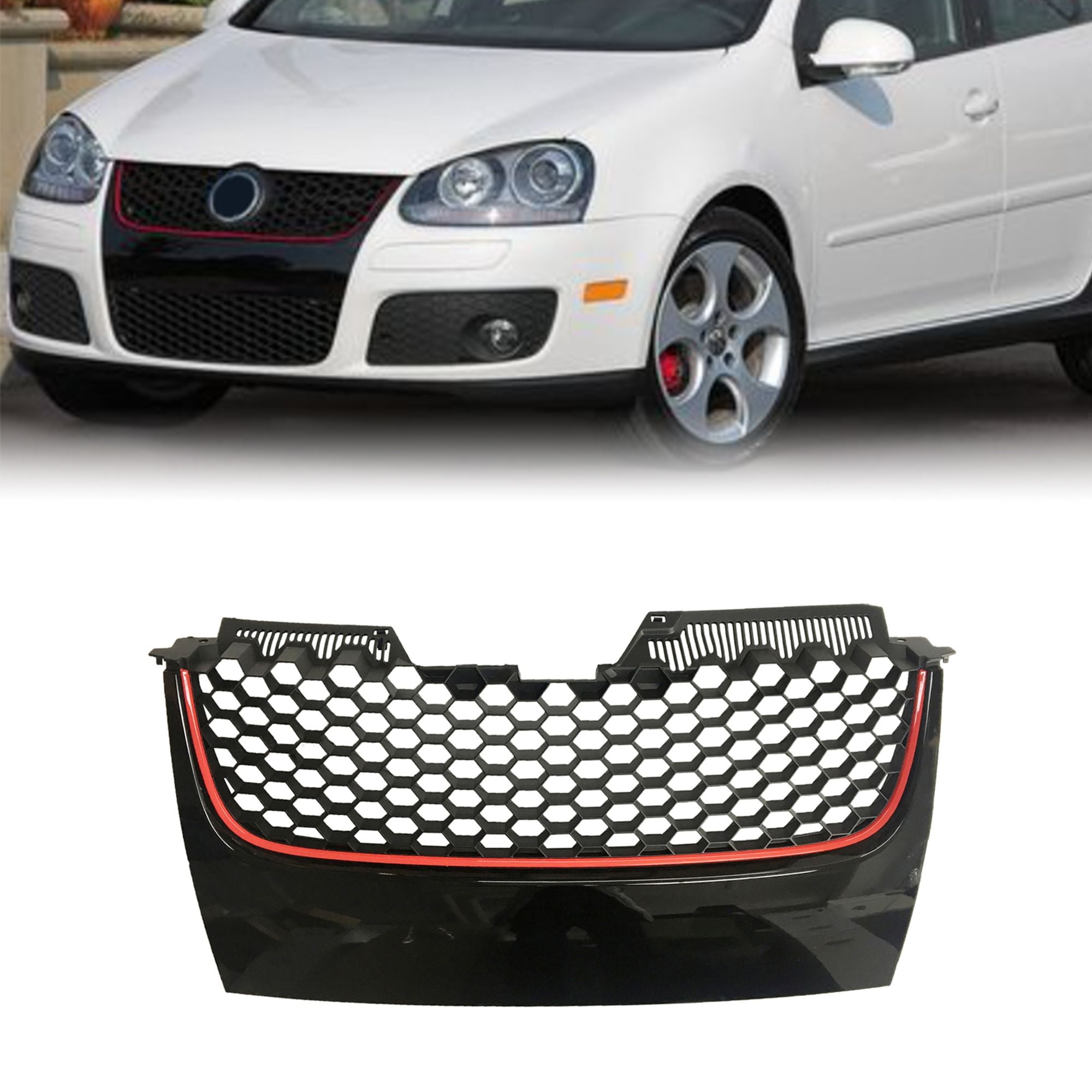 Front Bumper Upper Mesh Grille Red Trim For 2006 2007 2008 2009 Volkswagen GTI Jetta