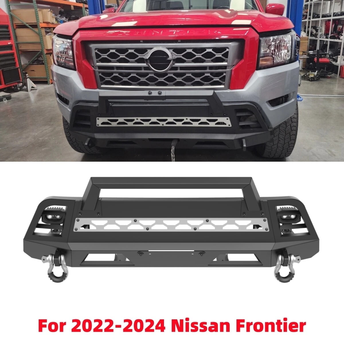 Front Bumper w/Bull Bar For 2022 2023 2024 Nissan Frontier + 2 x D-Rings + 2 x Pod Lights ...