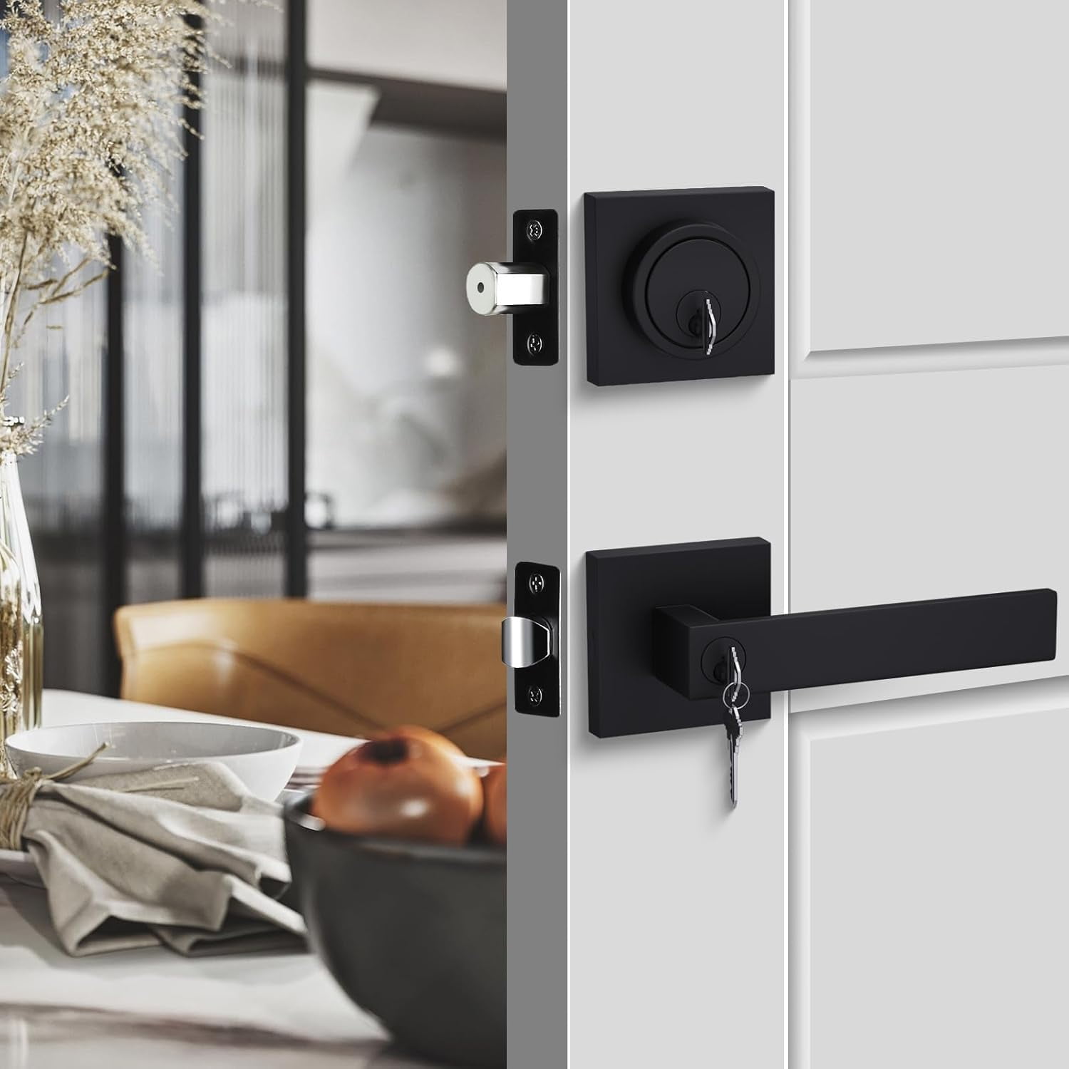 Front Door Handle and Deadbolt Set, Matte Black Exterior Door Lock Set ...