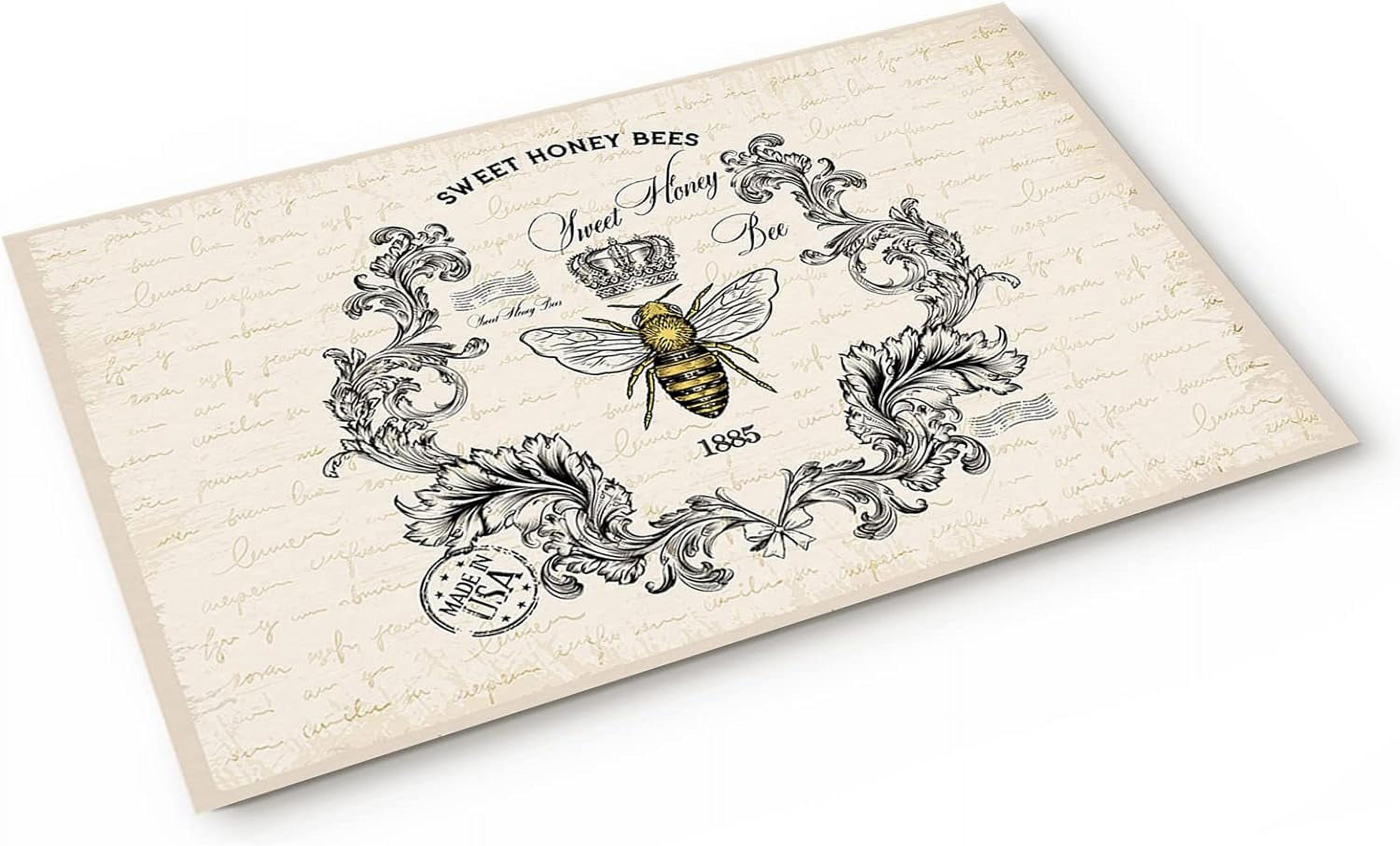 Front Door Mat, Bees and Crown on Retro Newspaper Door Mat, Low Profile ...