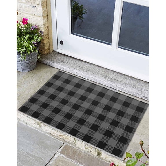 Front Door Mat Indoor Outdoor Black and Grey Plaid Non-Slip Doormat Low ...