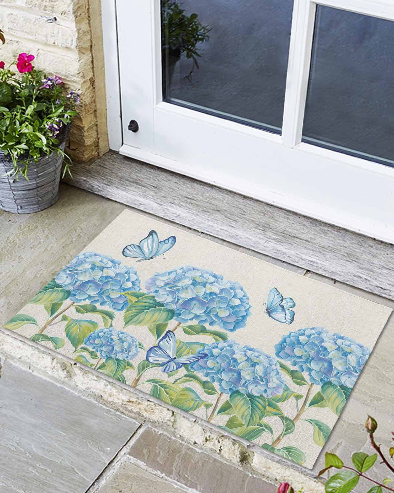 Front Door Mat Indoor Outdoor Blue Flowers Country Butterfly Watercolor ...