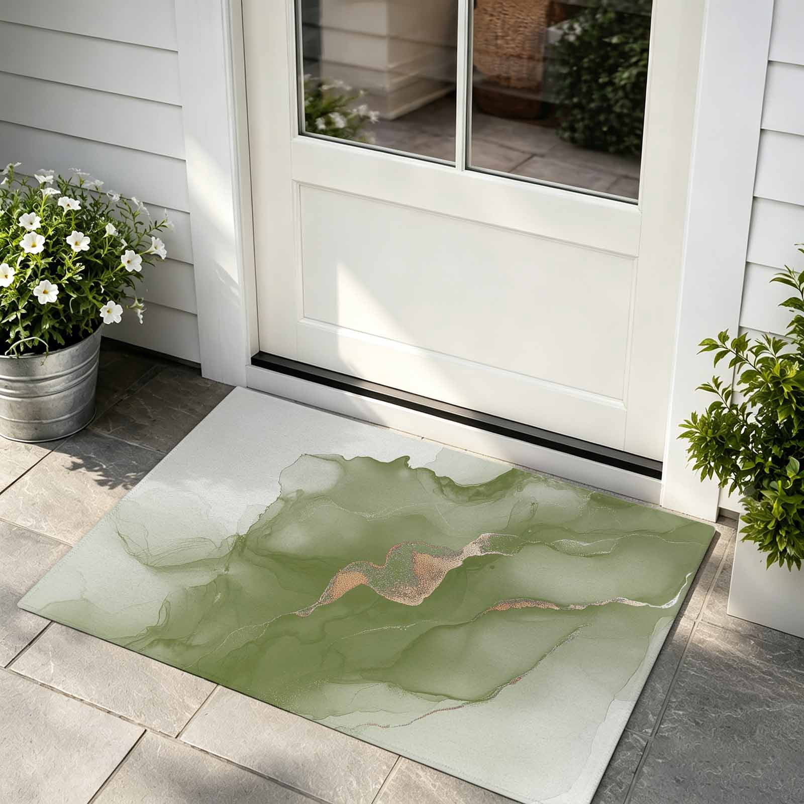 Front Door Mat Indoor Outdoor Entrance, Sage Green Marble Low Profile ...