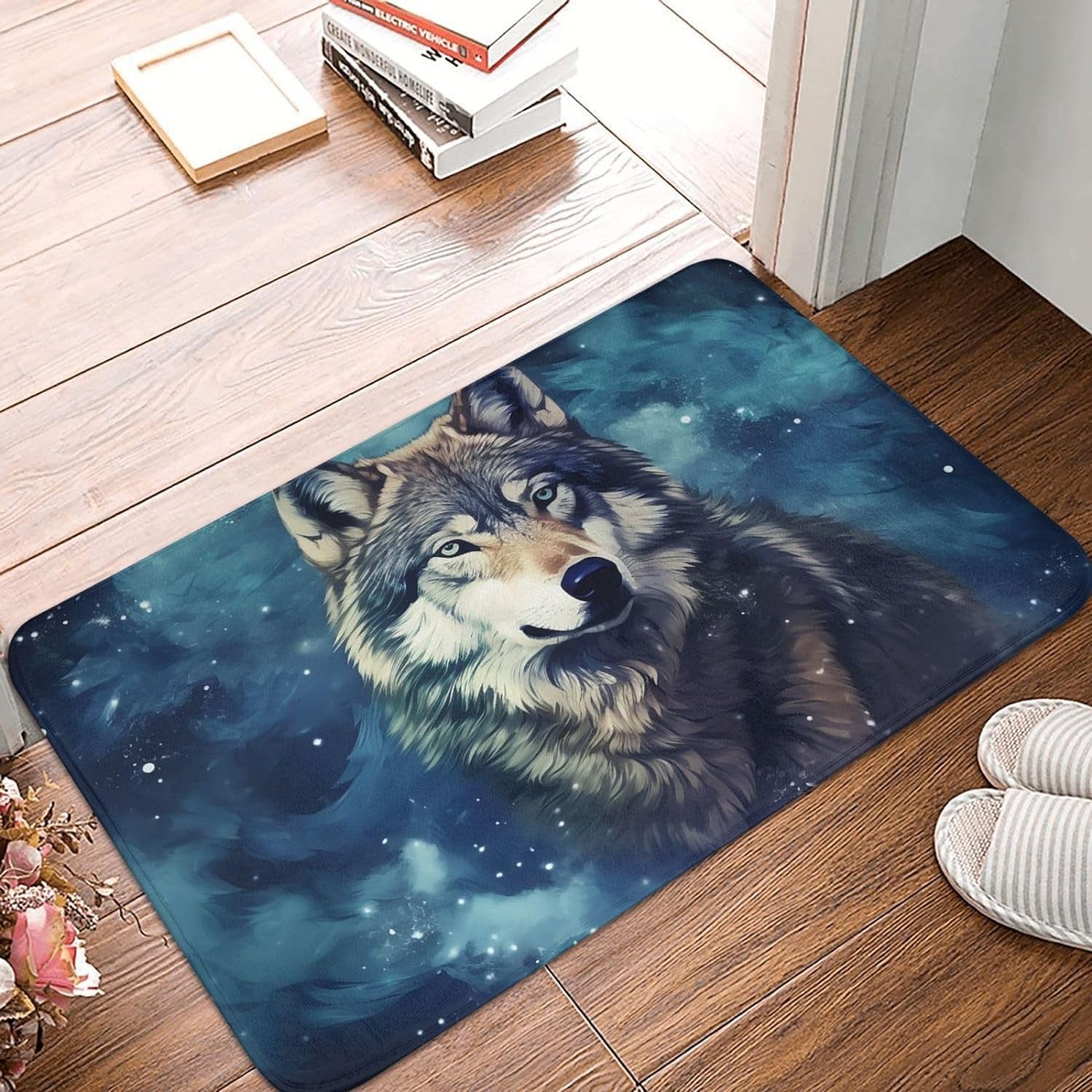 Front Door Mat Indoor Outdoor Entrance Welcome Mat Non Slip Floor Mat Wolf in The Milky Way ...