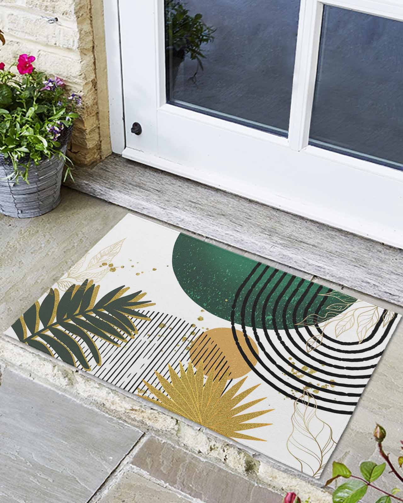 Front Door Mat Indoor Outdoor Sun Arch Stripe Abstract Leaves Non-Slip ...