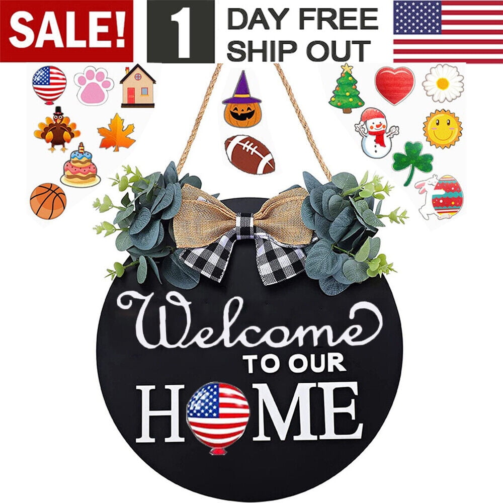 Front Door Welcome Sign Interchangeable 16 Icons Hanging Wreath Outdoor ... Front Door Welcome Sign Interchangeable 16 Icons Hanging Wreath Outdoor ...