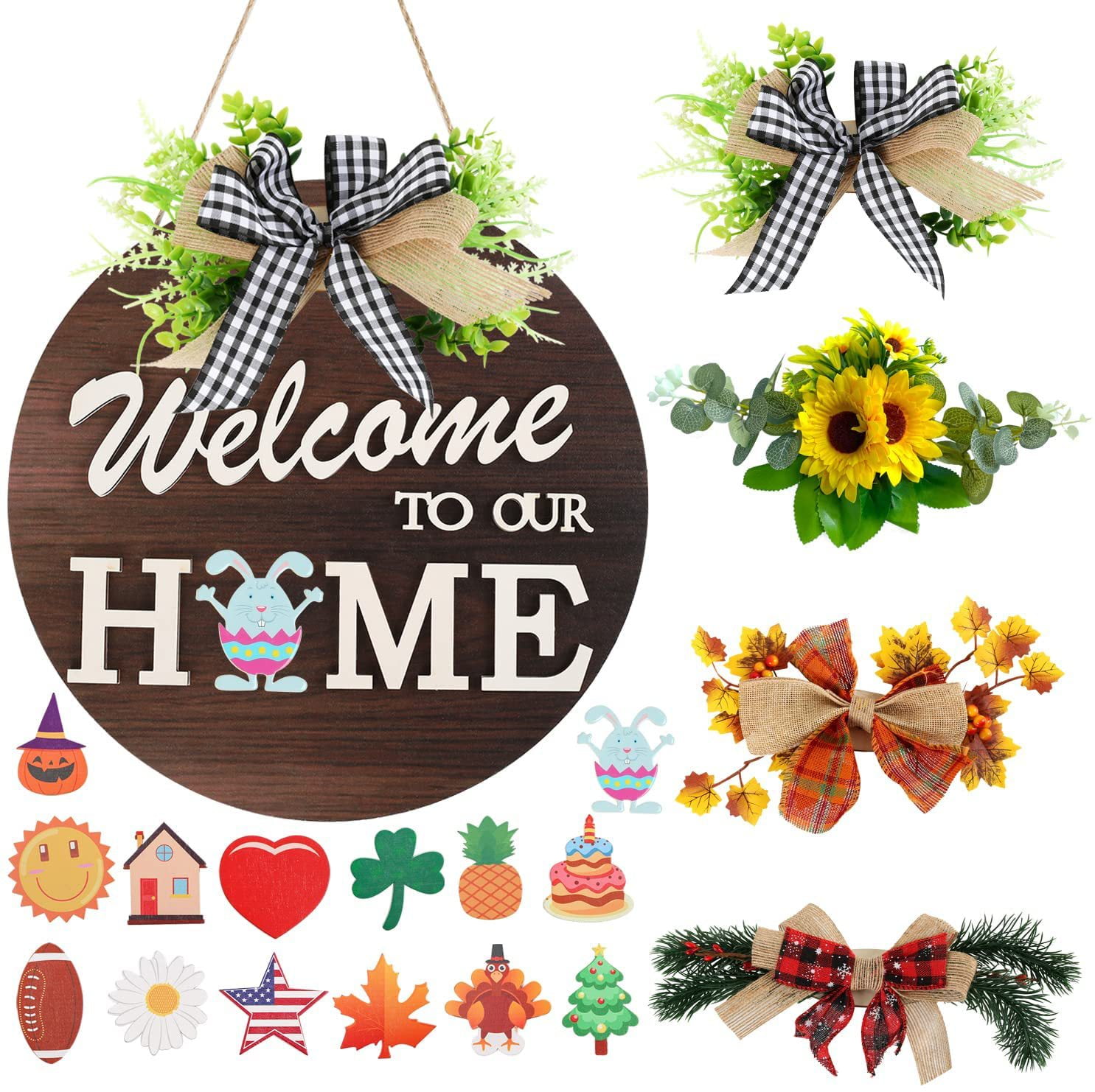 ZeenArt Front Door Welcome Sign, Round Wood Porch Decor with 4 Seasonal ...