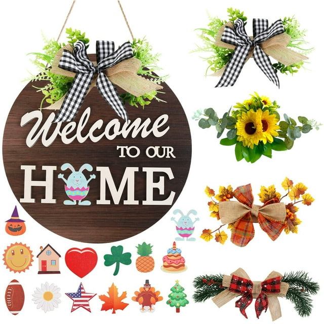 Front Door Welcome Sign, Round Wood Porch Decor with 4 Seasonal Wreaths ...