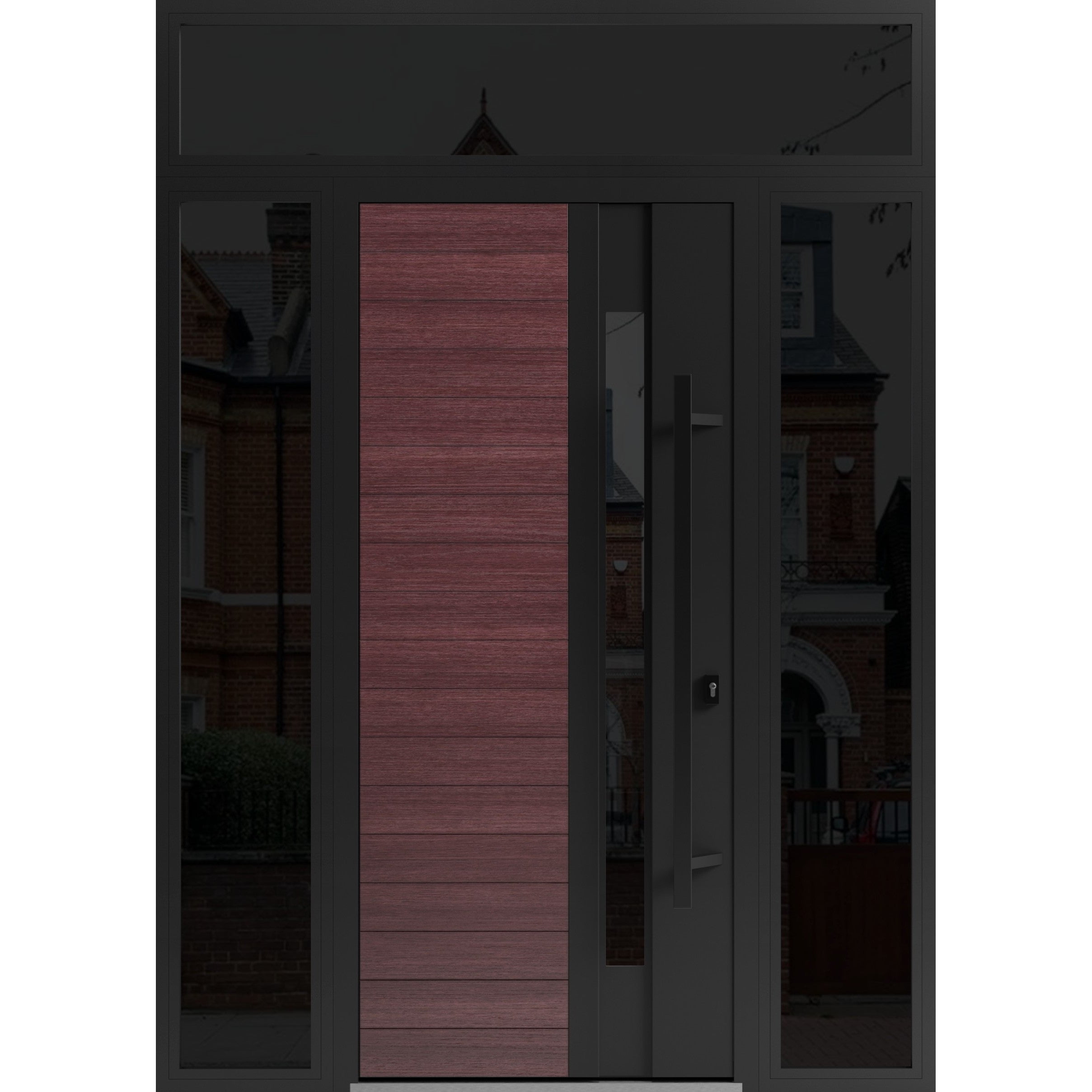 Front Exterior Prehung Steel Door / Ronex 0162 Red Oak / 2 Side and Top Exterior Window Sidelite ...