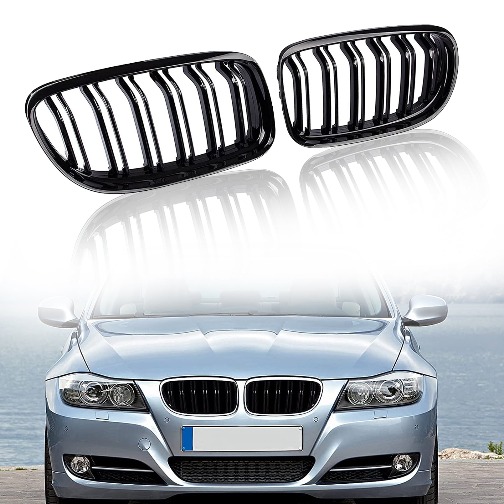 Front Kidney Dual Slats Grill Gloss Black For 2009-2011 BMW E90 E91 LCI ...