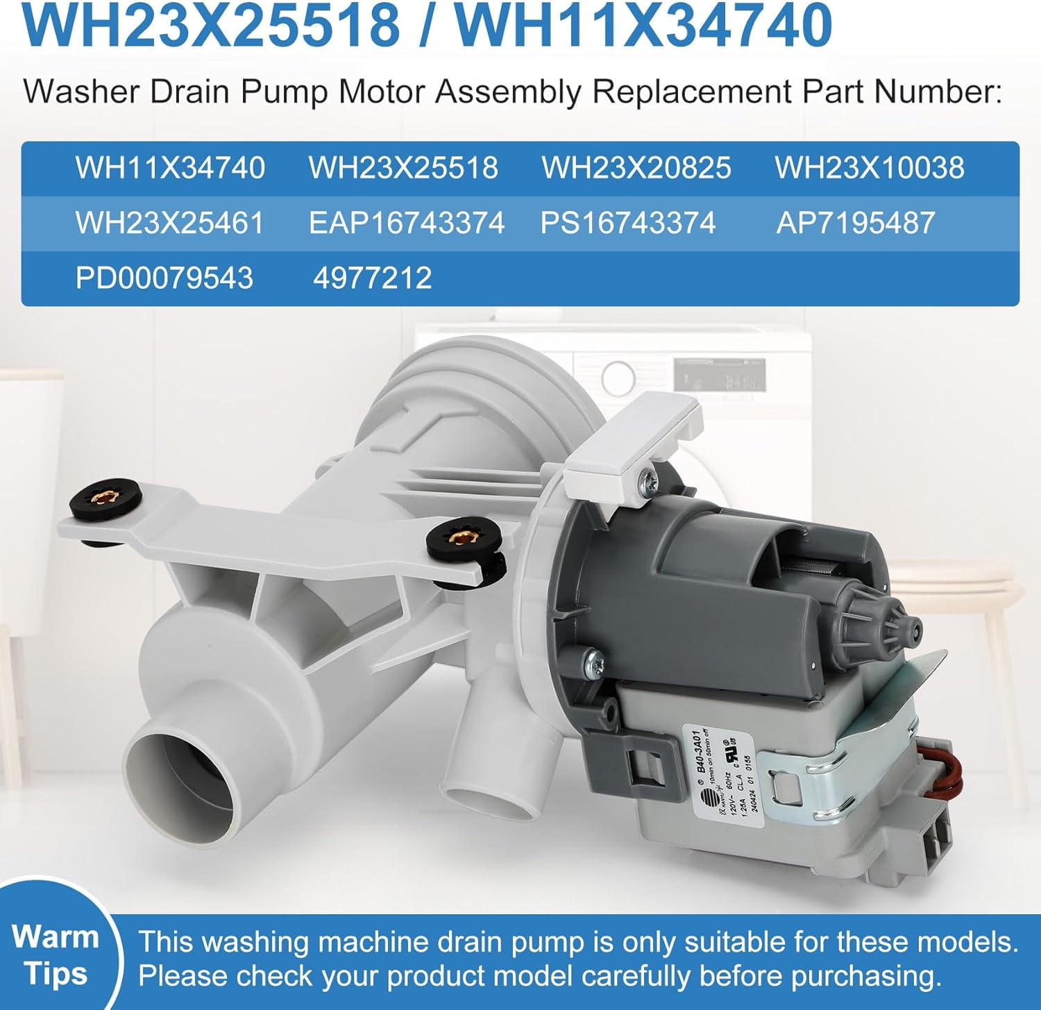 Front Load Washer Drain Pump Motor Assembly Compatible with Models ...